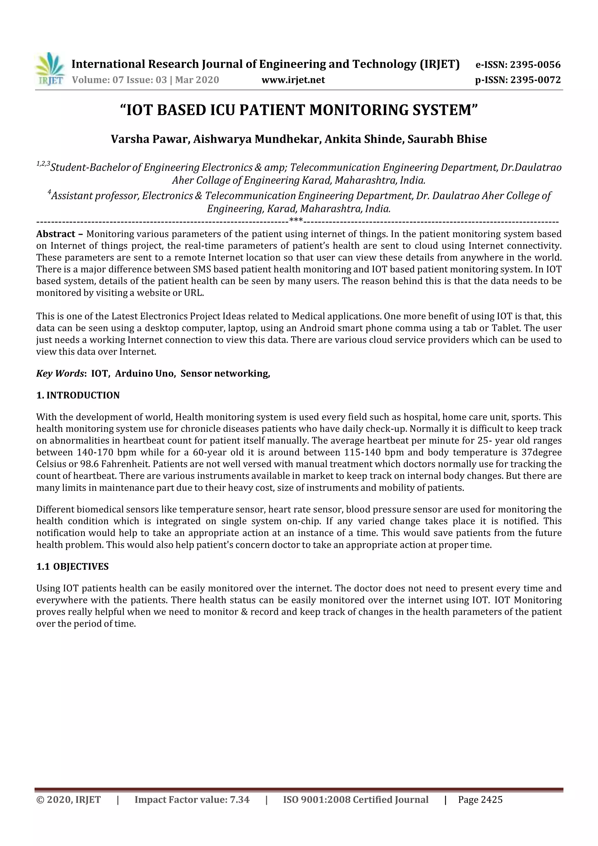 IRJET - IoT based ICU Patient Monitoring System | PDF