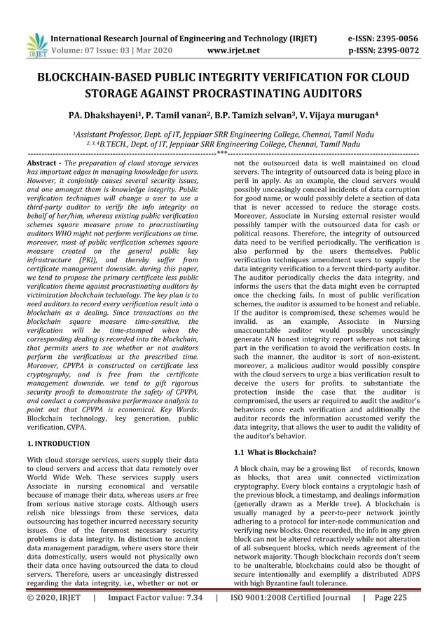 Irjet Blockchain Based Public Integrity Verification For Cloud Storage Against Procrastinating