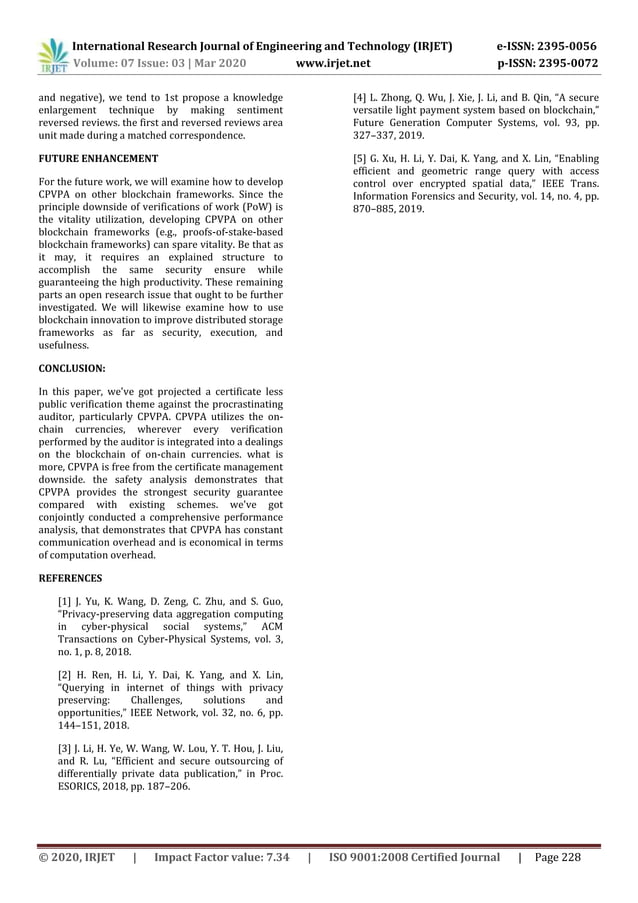 IRJET - Blockchain-based Public Integrity Verification for Cloud Storage Against Procrastinating ...