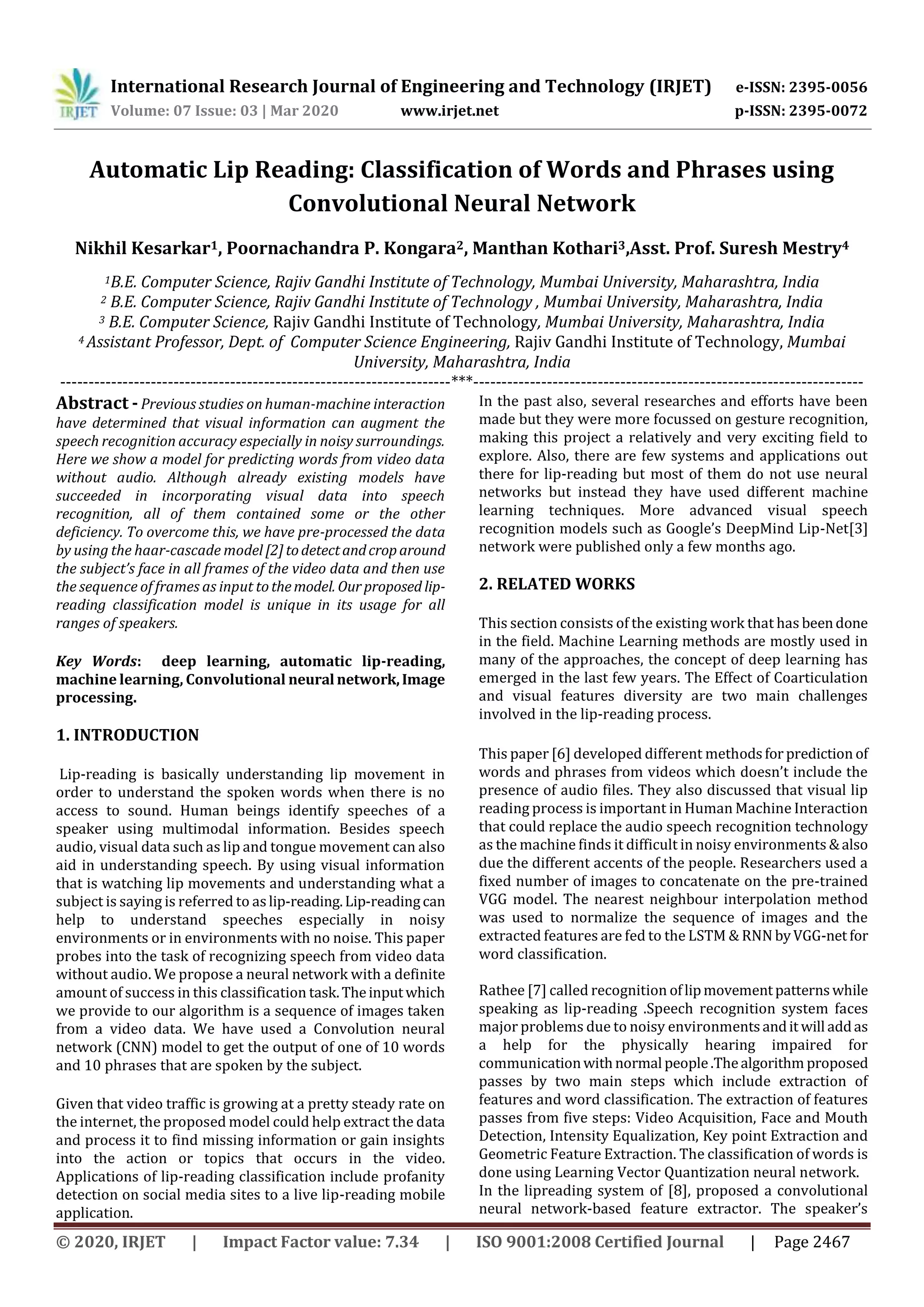IRJET - Automatic Lip Reading: Classification of Words and Phrases using Convolutional Neural ...
