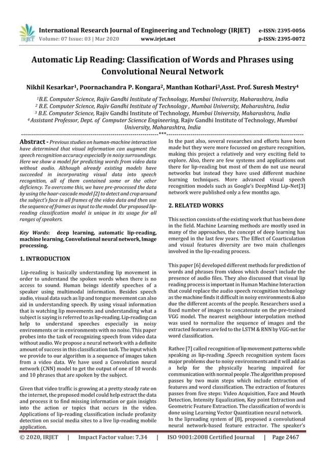 IRJET - Automatic Lip Reading: Classification of Words and Phrases using Convolutional Neural ...