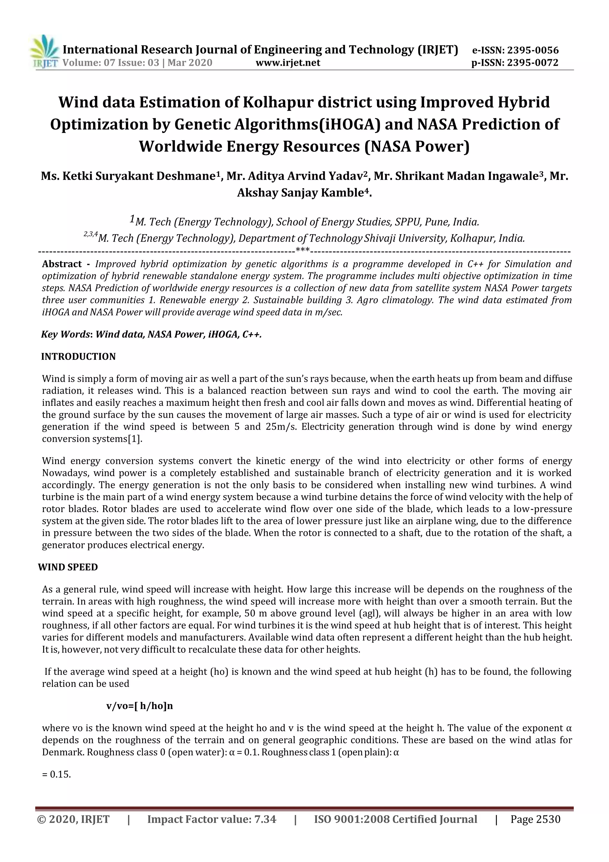 IRJET Wind Data Estimation of Kolhapur District using Improved Hybrid Optimization by Genetic ...