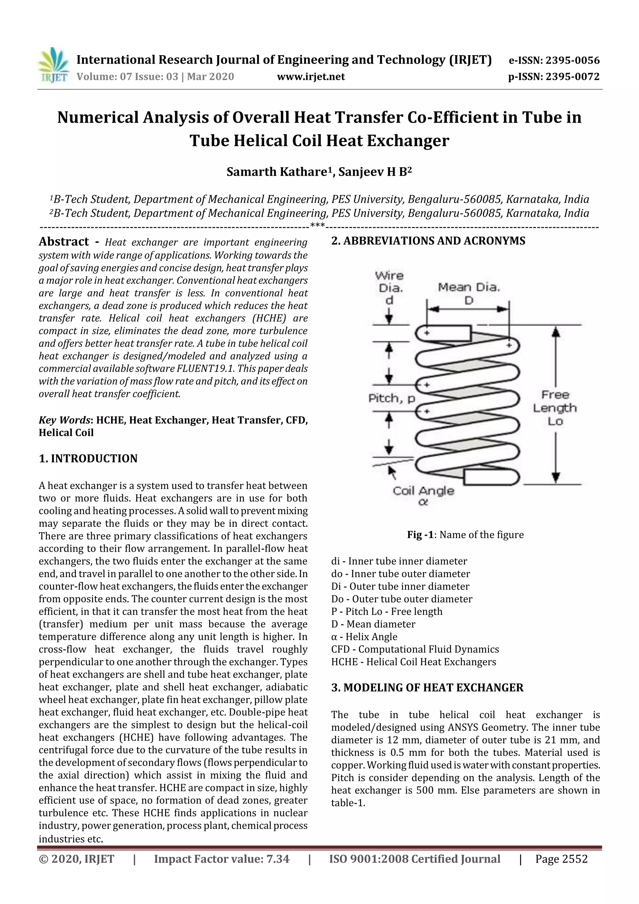 IRJET - Numerical Analysis of Overall Heat Transfer Co-Efficient in Tube in Tube Helical Coil ...