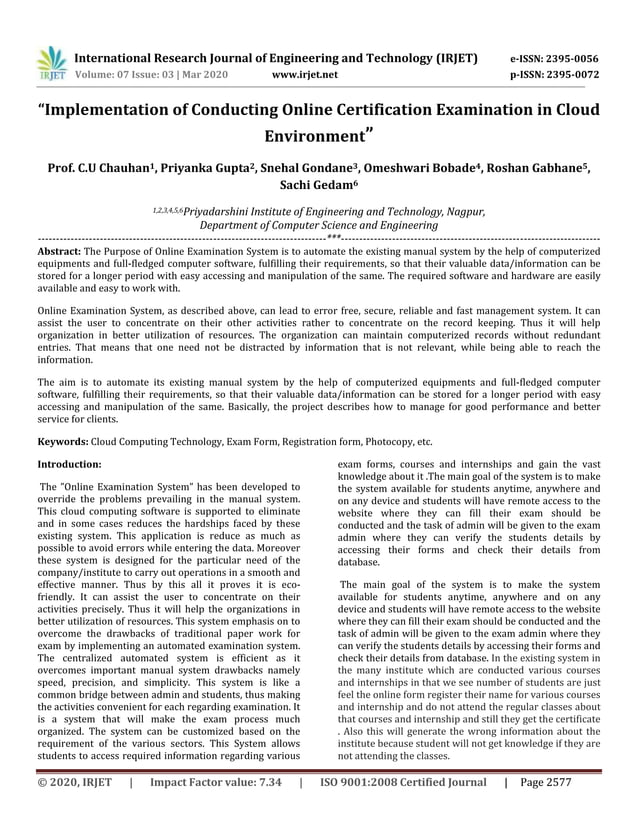 Irjet Implementation Of Conducting Online Certification Examination In Cloud Environment Pdf