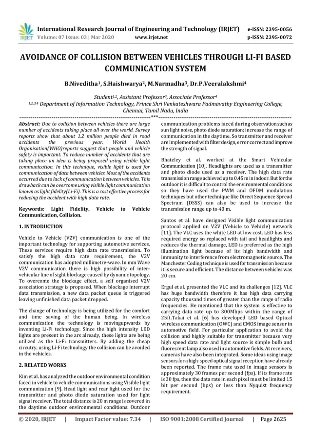 IRJET - Avoidance of Collision between Vehicles through Li-Fi based Communication System | PDF