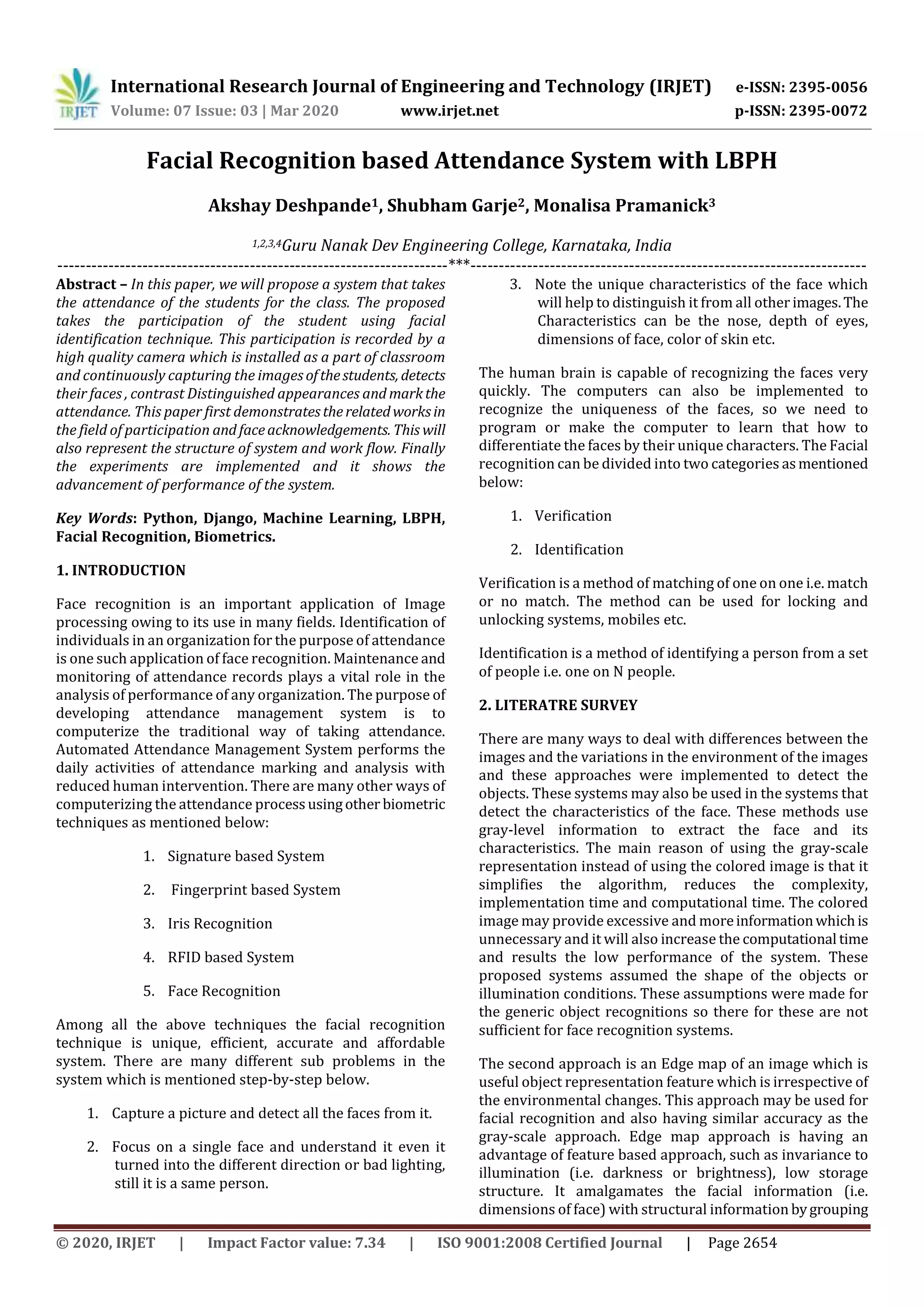 IRJET - Facial Recognition based Attendance System with LBPH | PDF