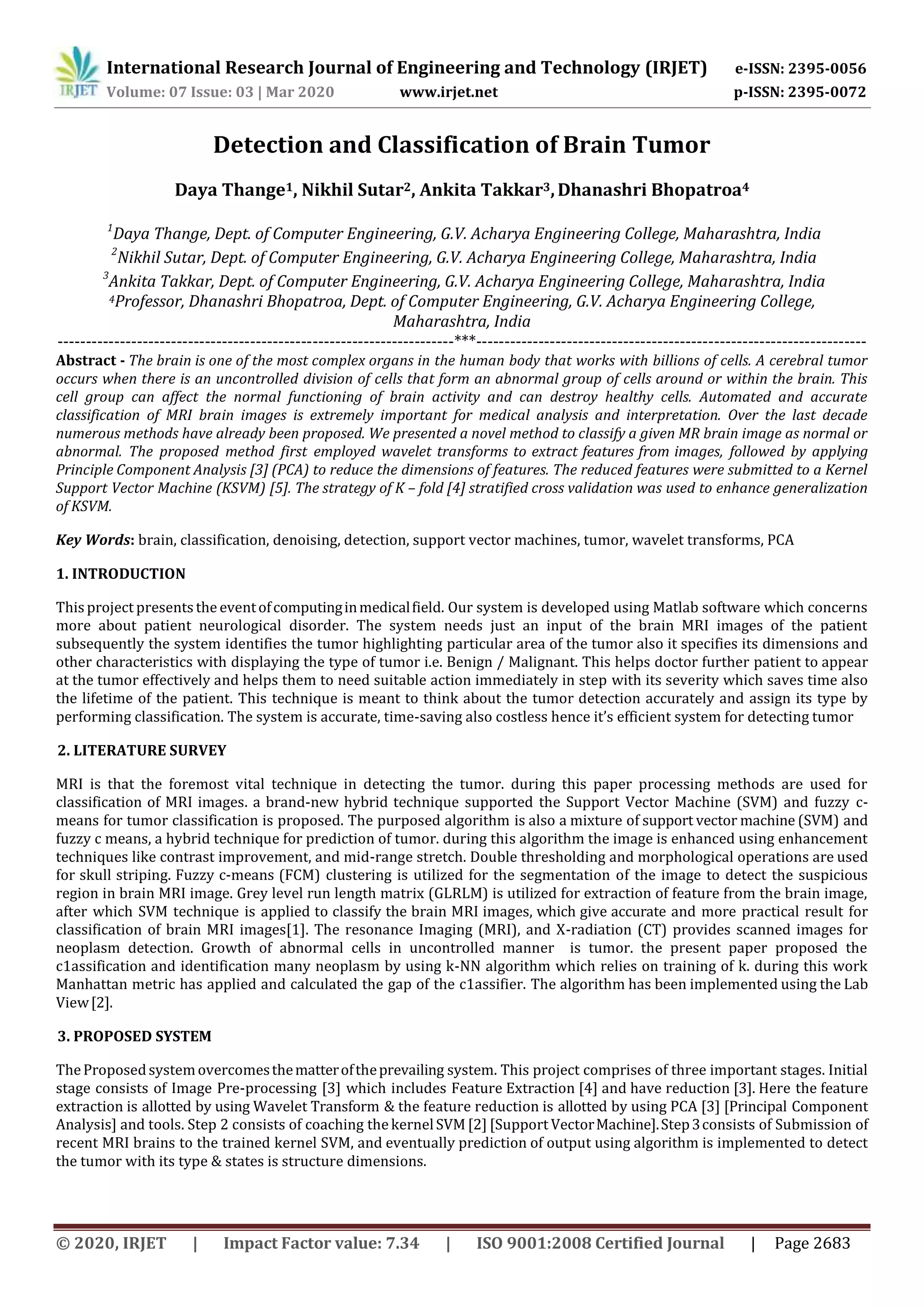 IRJET - Detection and Classification of Brain Tumor | PDF | Brain and Nervous System Disorders ...