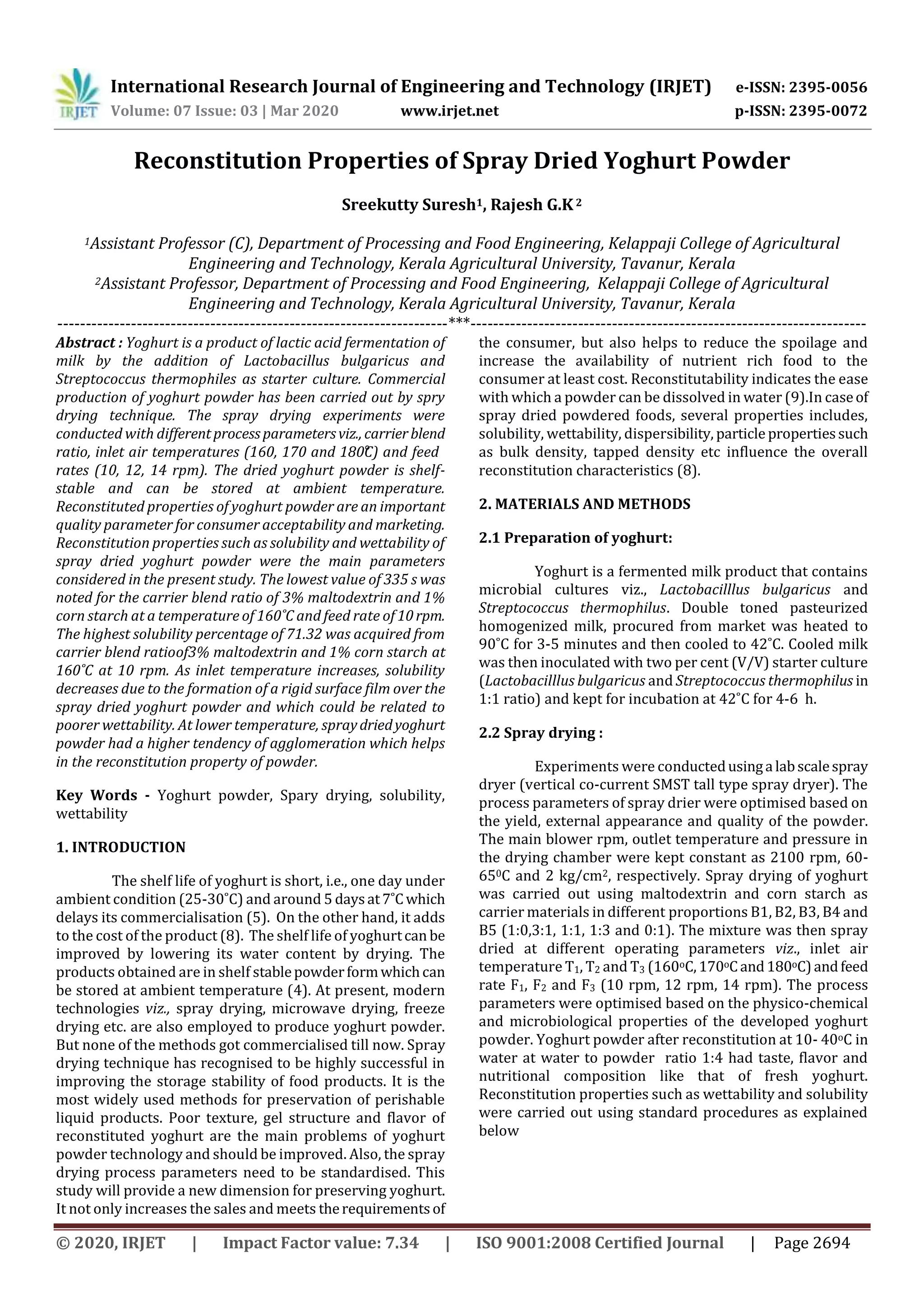 IRJET - Reconstitution Properties of Spray Dried Yoghurt Powder | PDF