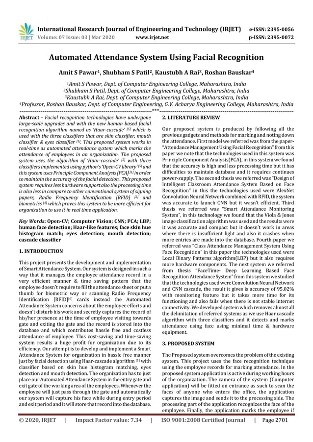 IRJET - Automated Attendance System using Facial Recognition | PDF | Computing | Technology ...