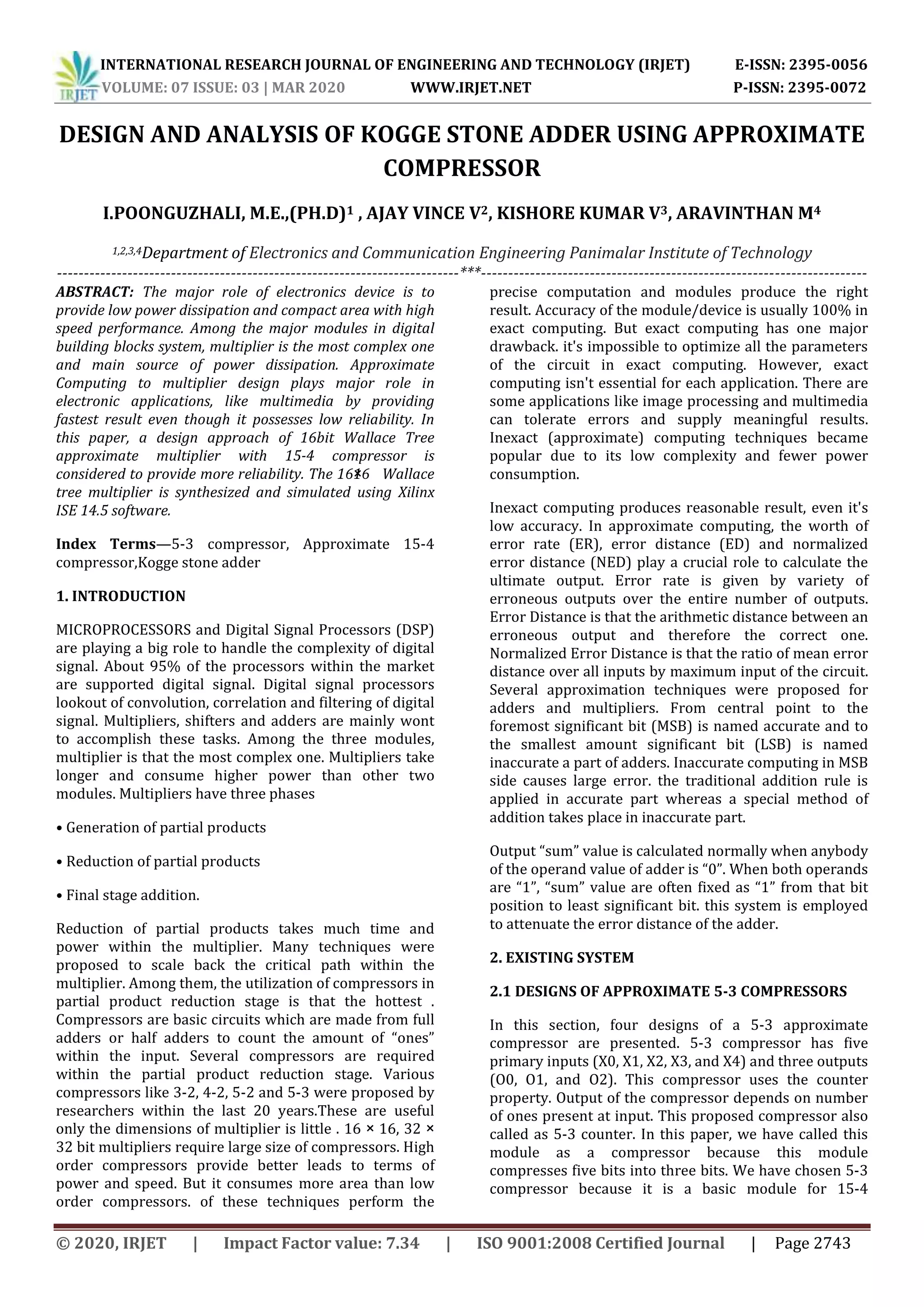 IRJET - Design and Analysis of Kogge Stone Adder using Approximate Compressor | PDF