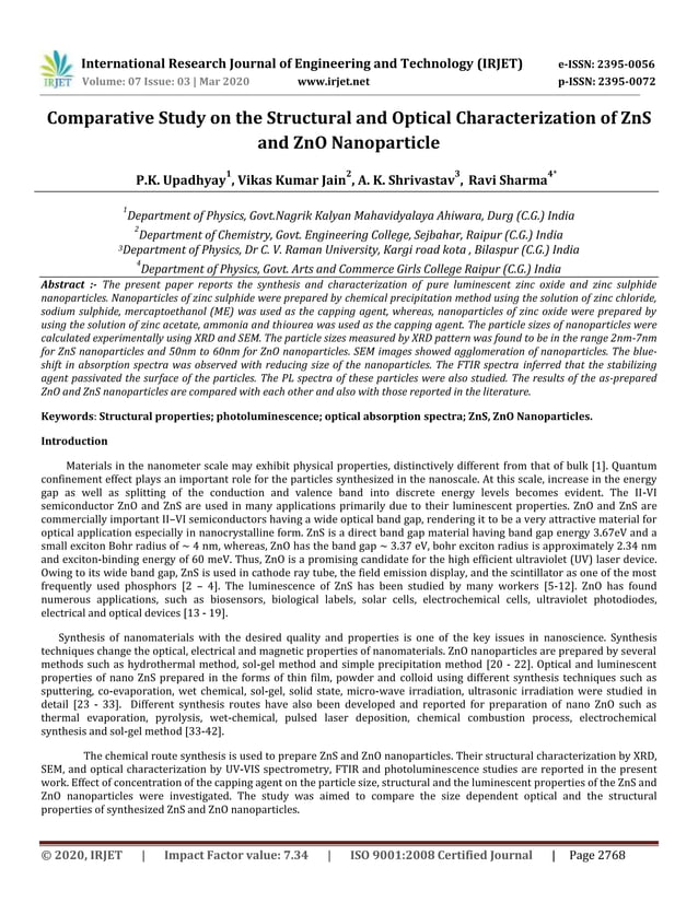 IRJET - Comparative Study on the Structural and Optical Characterization of Zns and ZnO ...