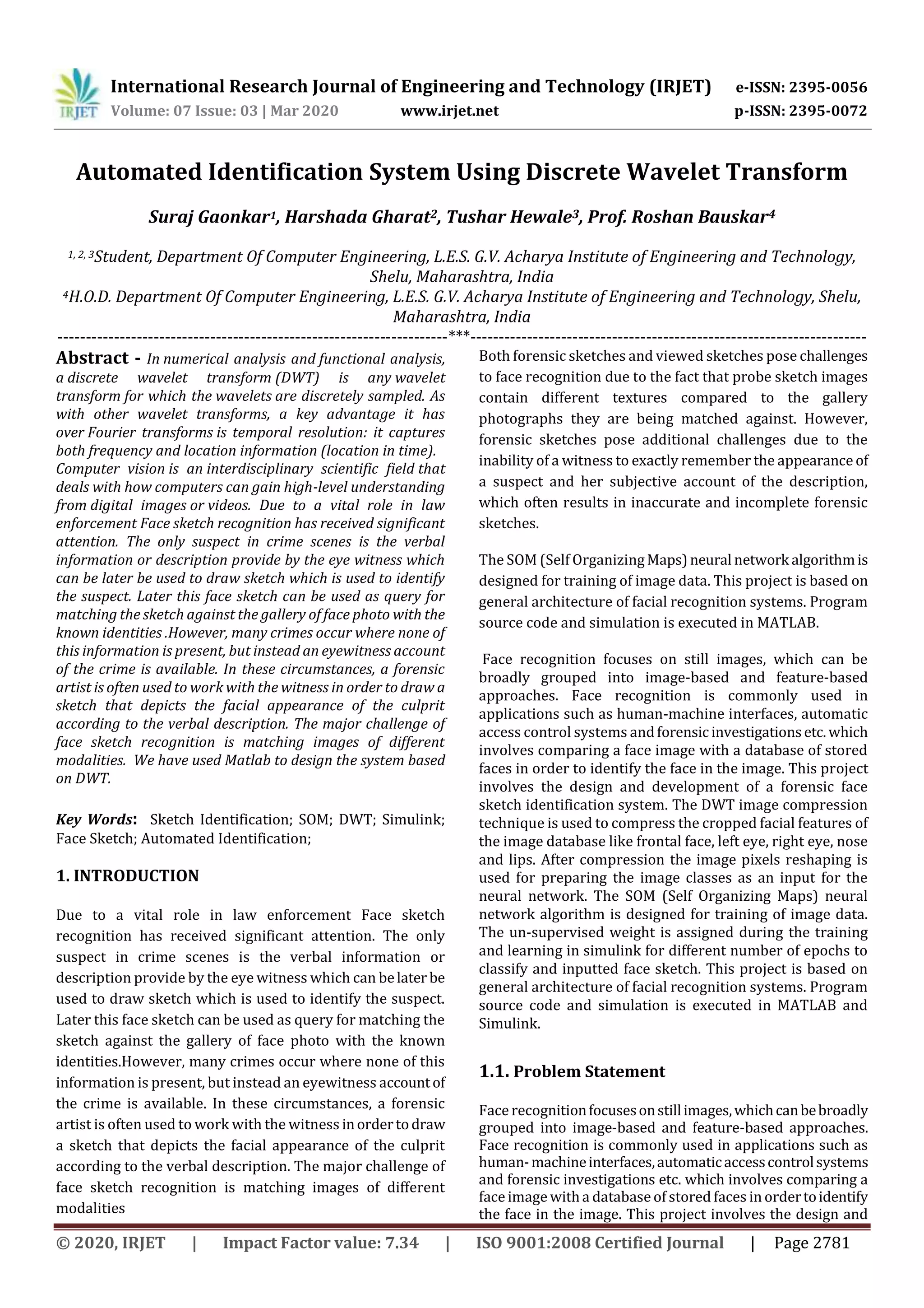 IRJET - Automated Identification System using Discrete Wavelet Transform | PDF