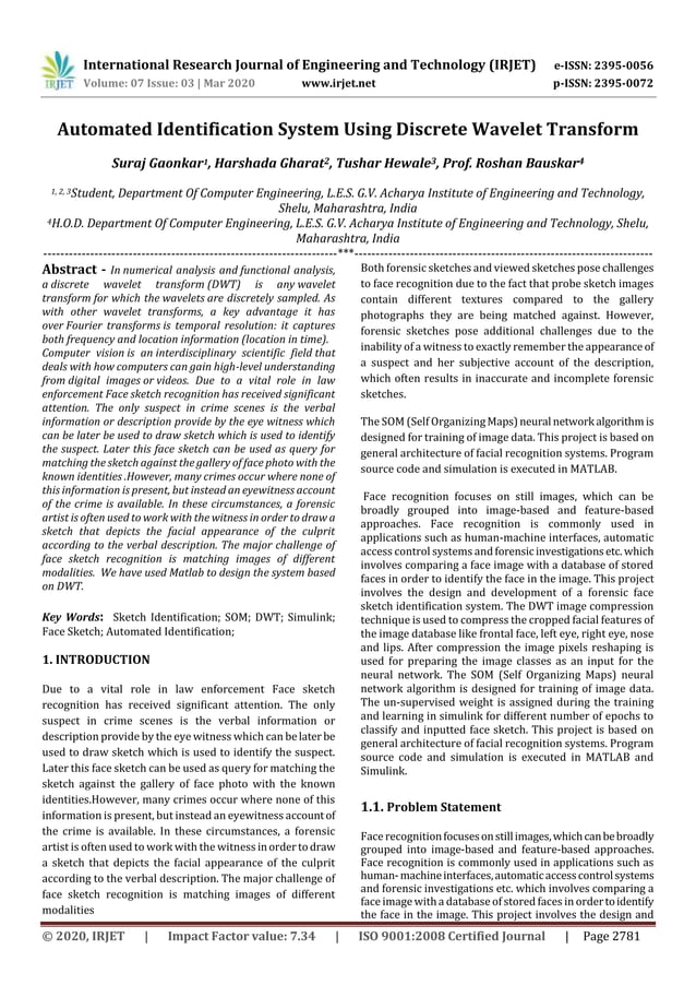 IRJET - Automated Identification System using Discrete Wavelet Transform | PDF