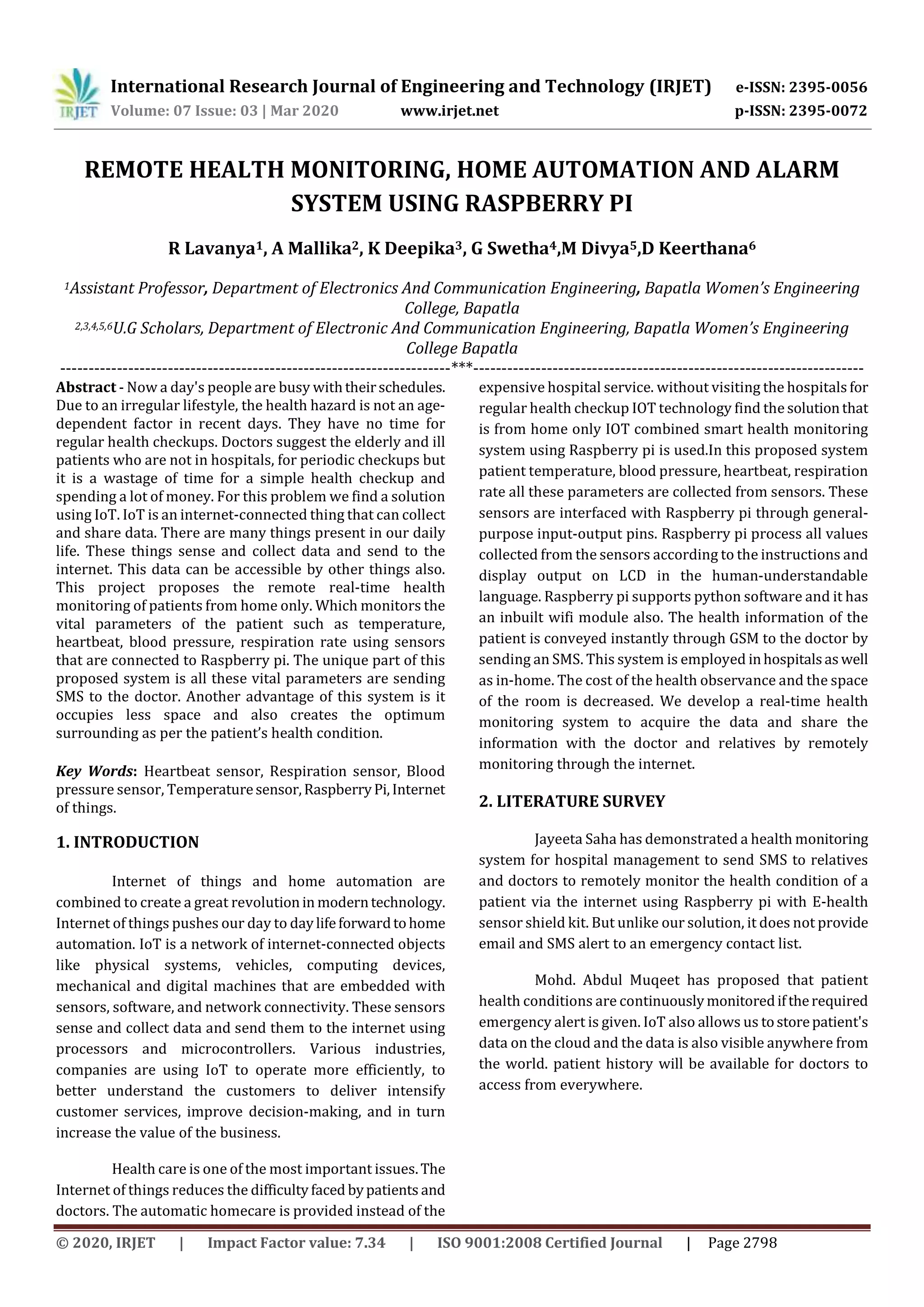 IRJET - Remote Health Monitoring, Home Automation and Alarm System using Raspberry Pi | PDF