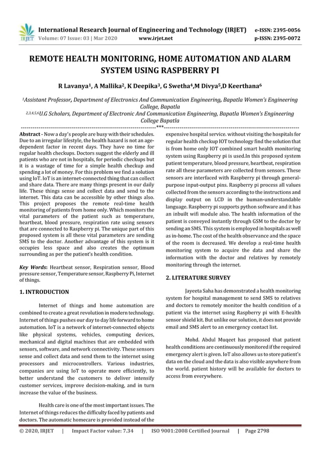 IRJET - Remote Health Monitoring, Home Automation and Alarm System using Raspberry Pi | PDF