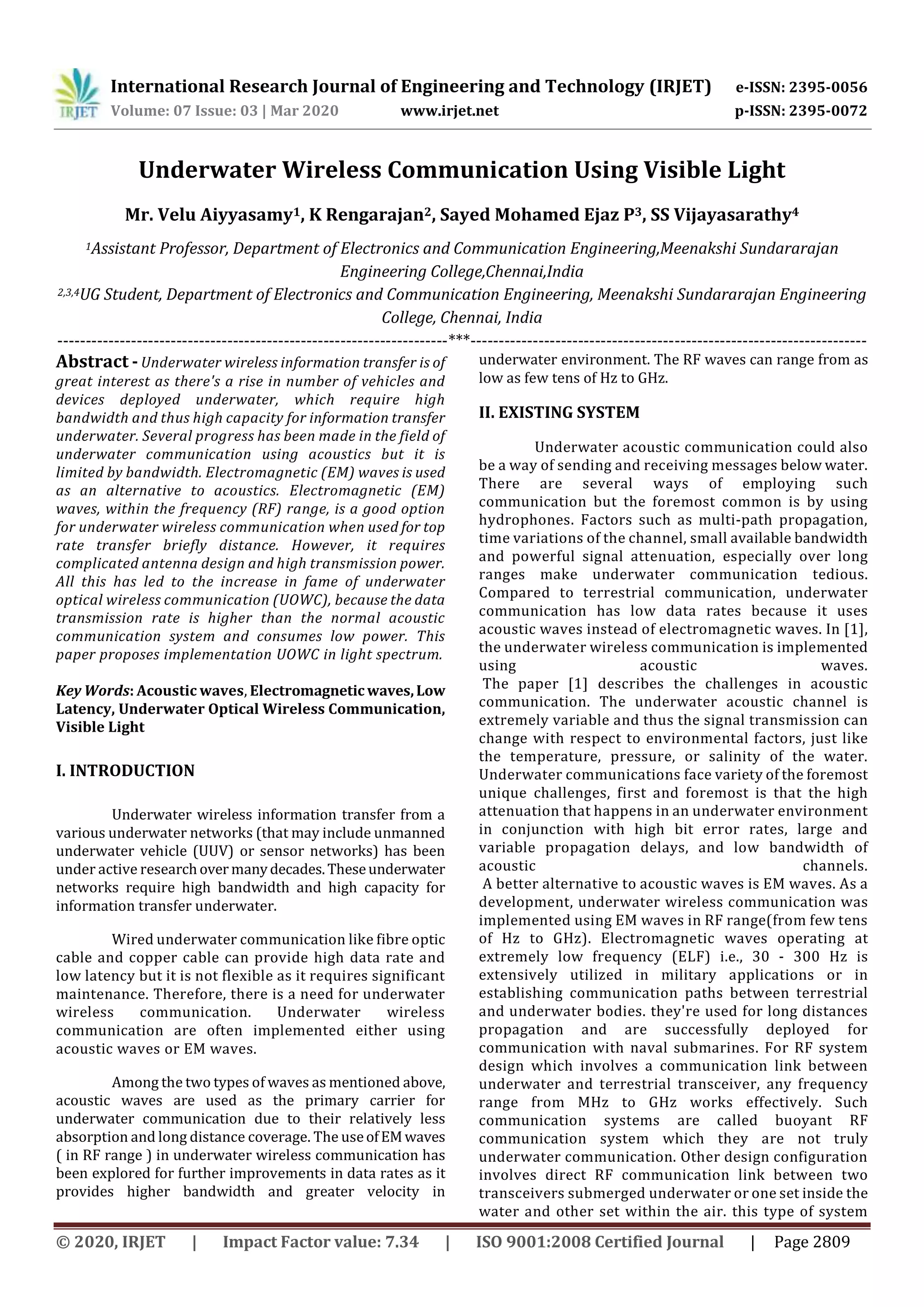 IRJET - Underwater Wireless Communication using Visible Light | PDF
