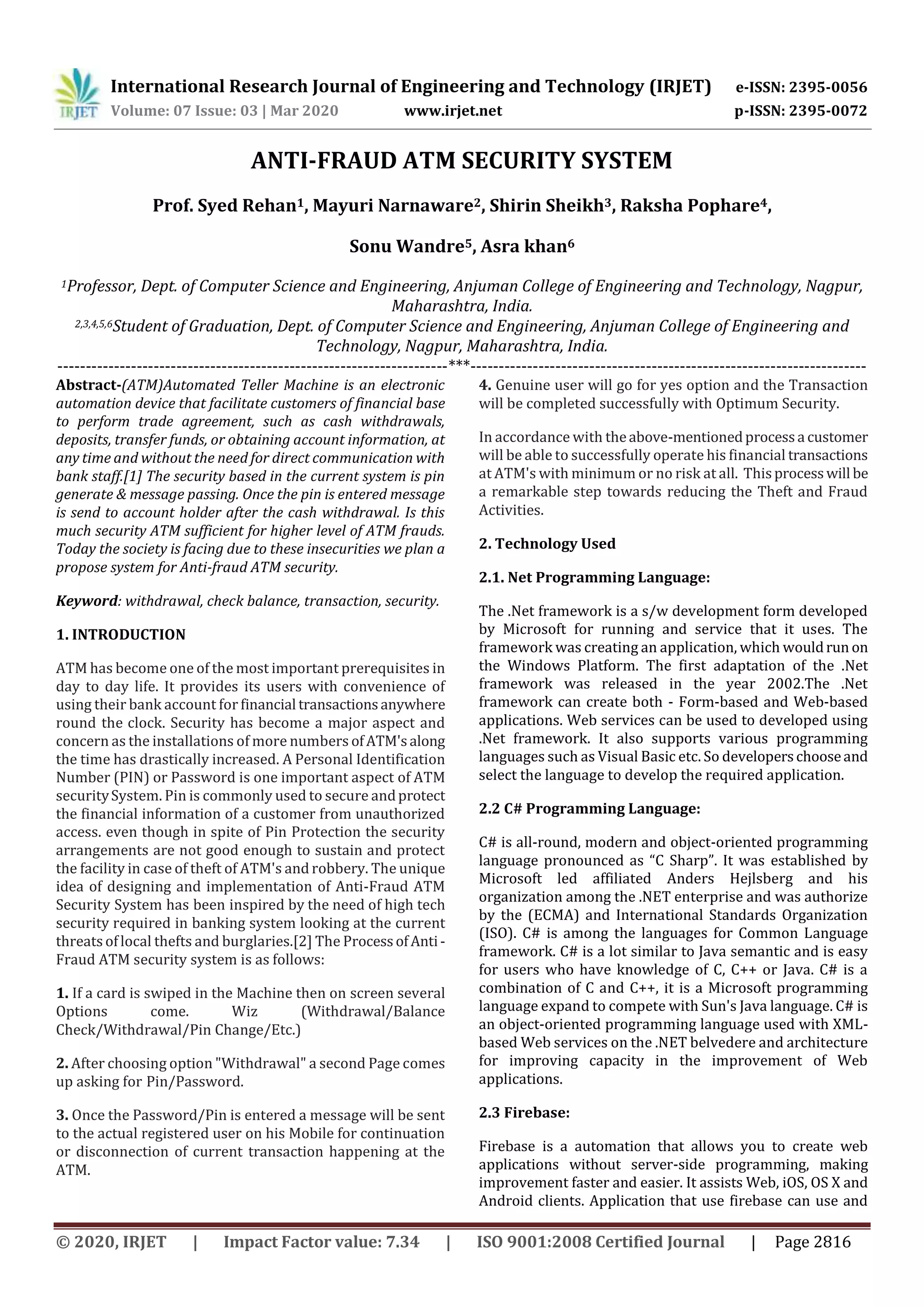 IRJET - Anti-Fraud ATM Security System | PDF