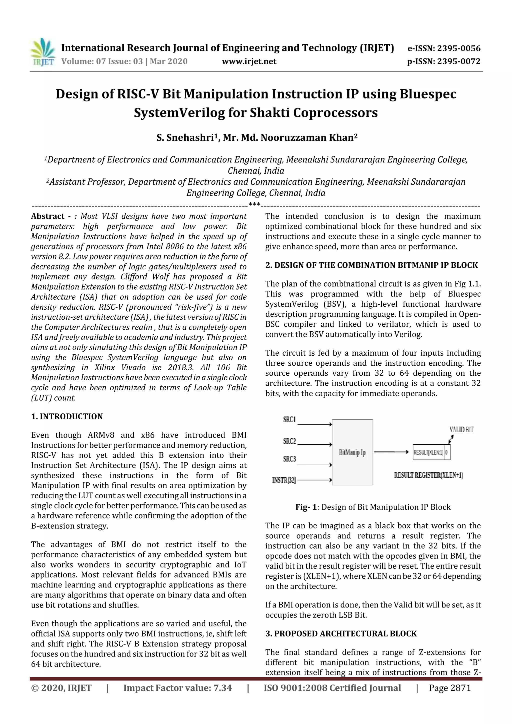 IRJET - Design of RISC-V Bit Manipulation Instruction IP using Bluespec Systemverilog for Shakti ...