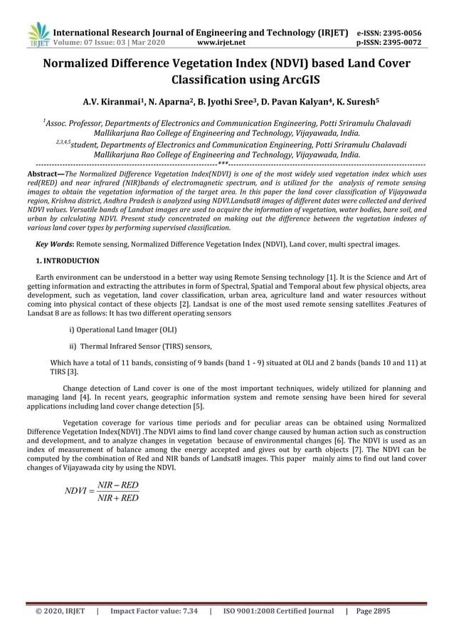 IRJET - Normalized Difference Vegetation Index (NDVI) based Land Cover Classification using ...