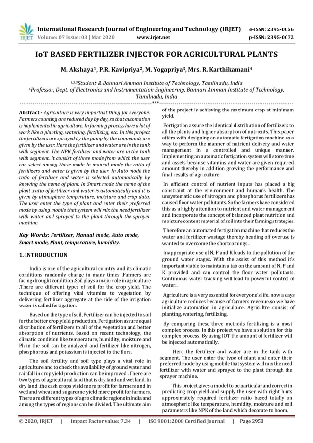 IRJET - IoT based Fertilizer Injector for Agricultural Plants | PDF