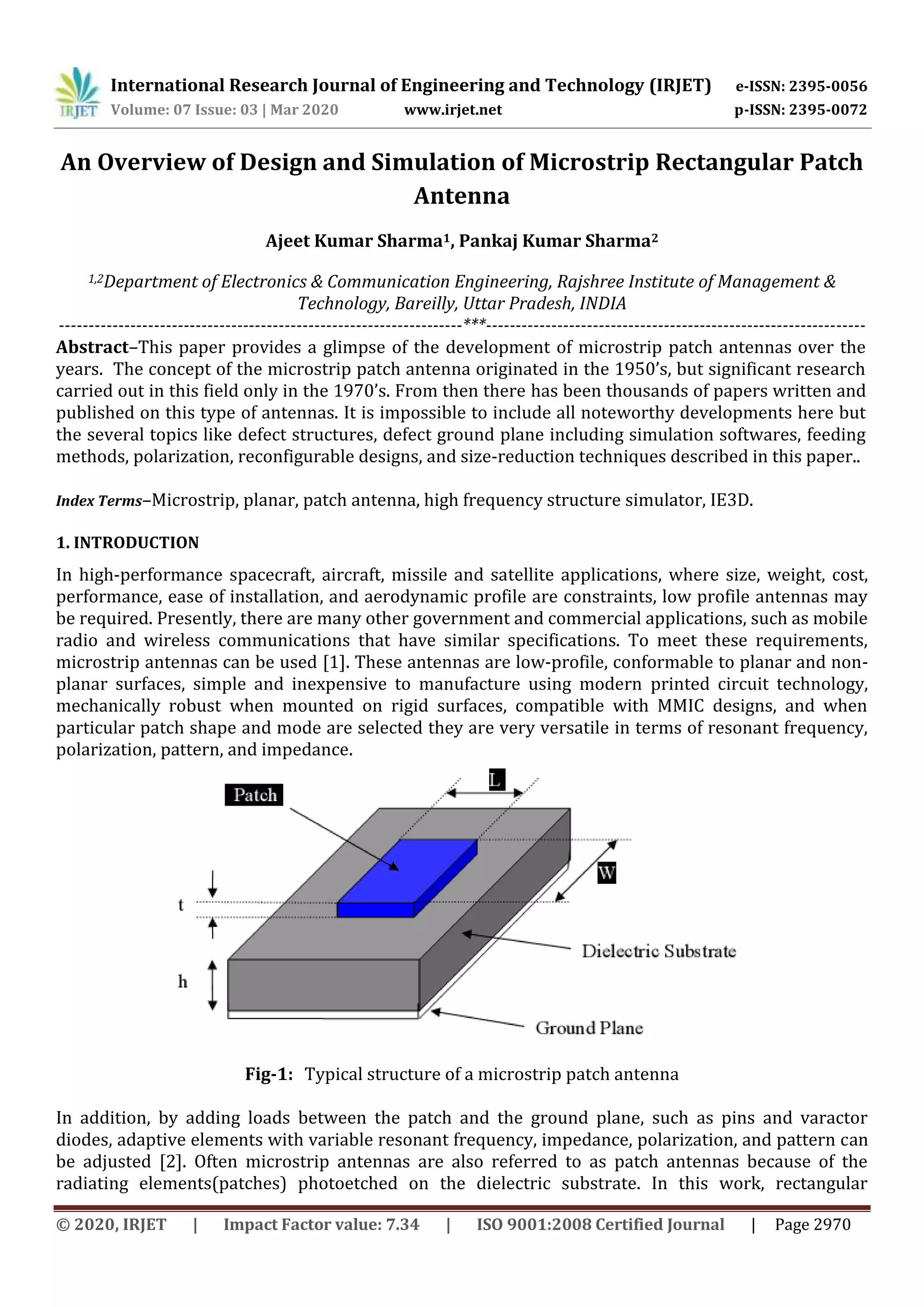 IRJET - An Overview of Design and Simulation of Microstrip Rectangular Patch Antenna | PDF