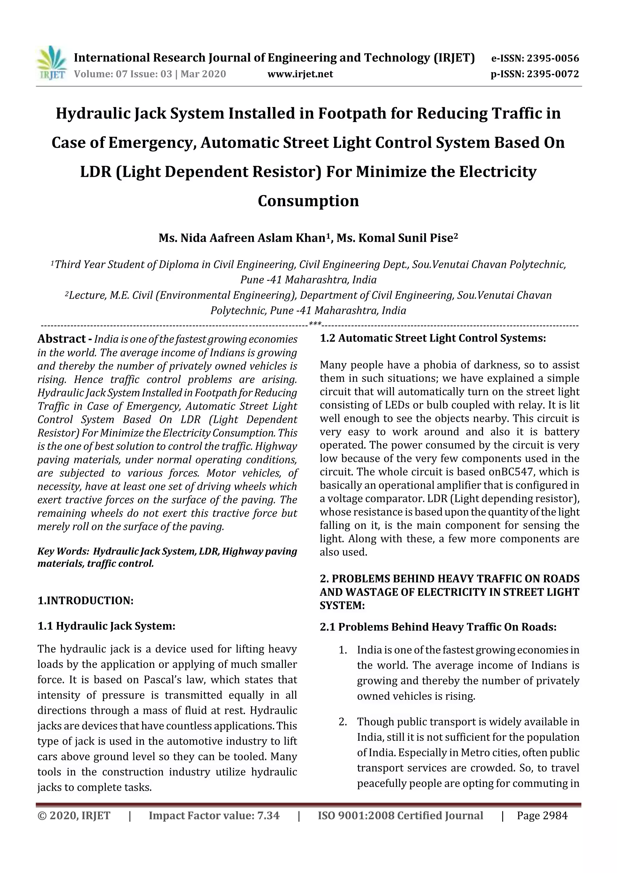 IRJET - Hydraulic Jack System Installed in Footpath for Reducing ...
