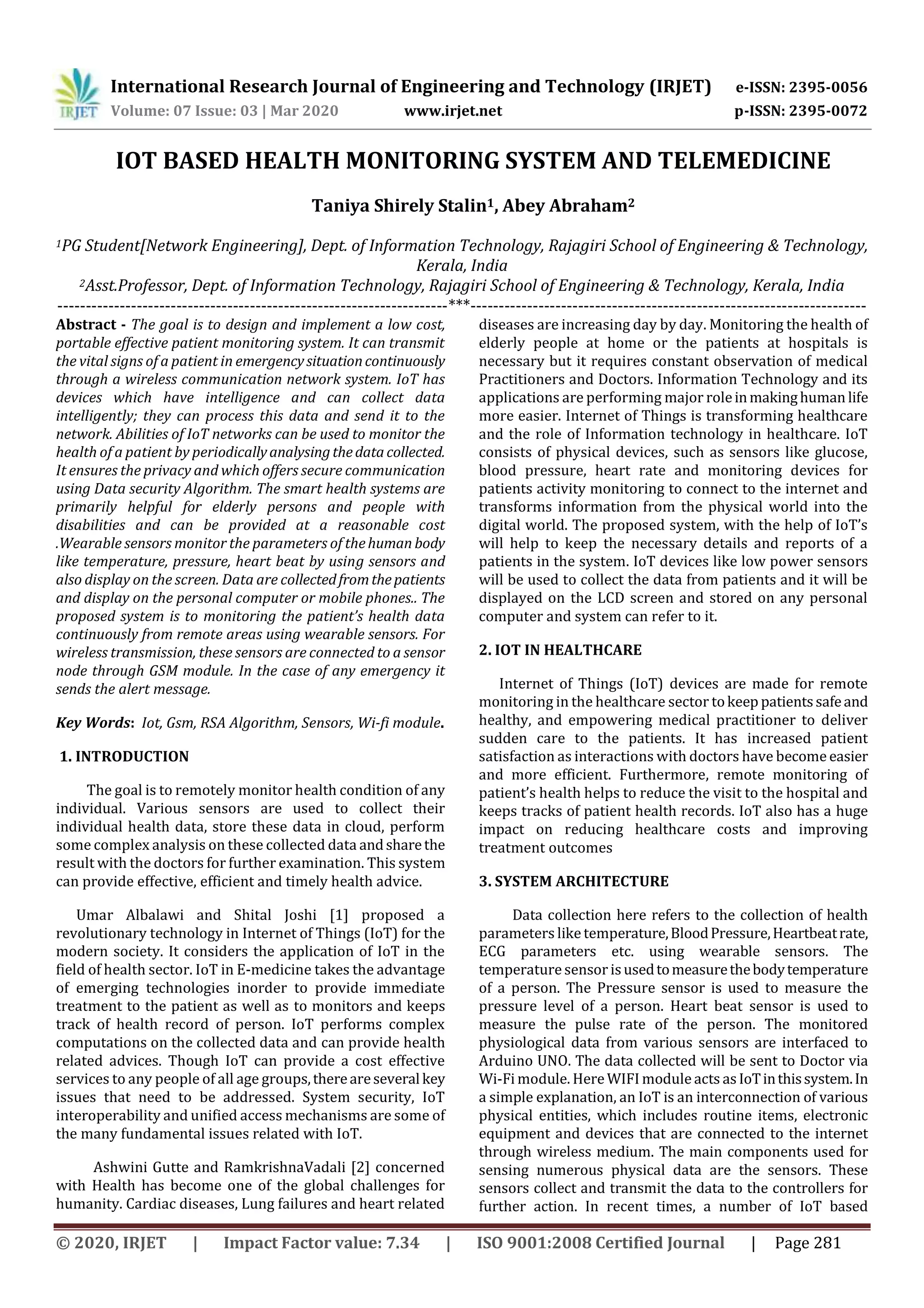 IRJET - IoT based Health Monitoring System and Telemedicine | PDF ...