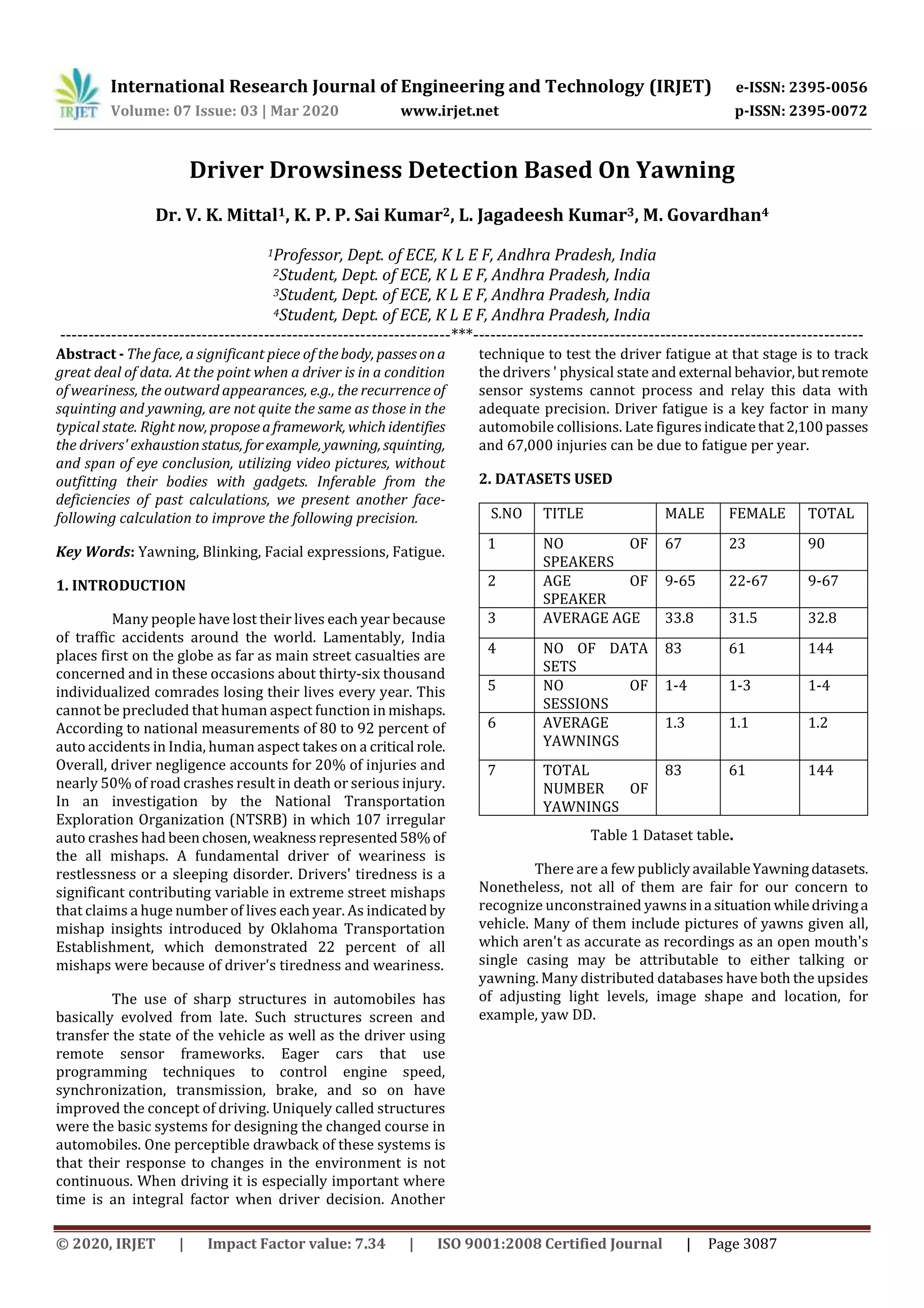 Irjet Driver Drowsiness Detection Based On Yawning Pdf