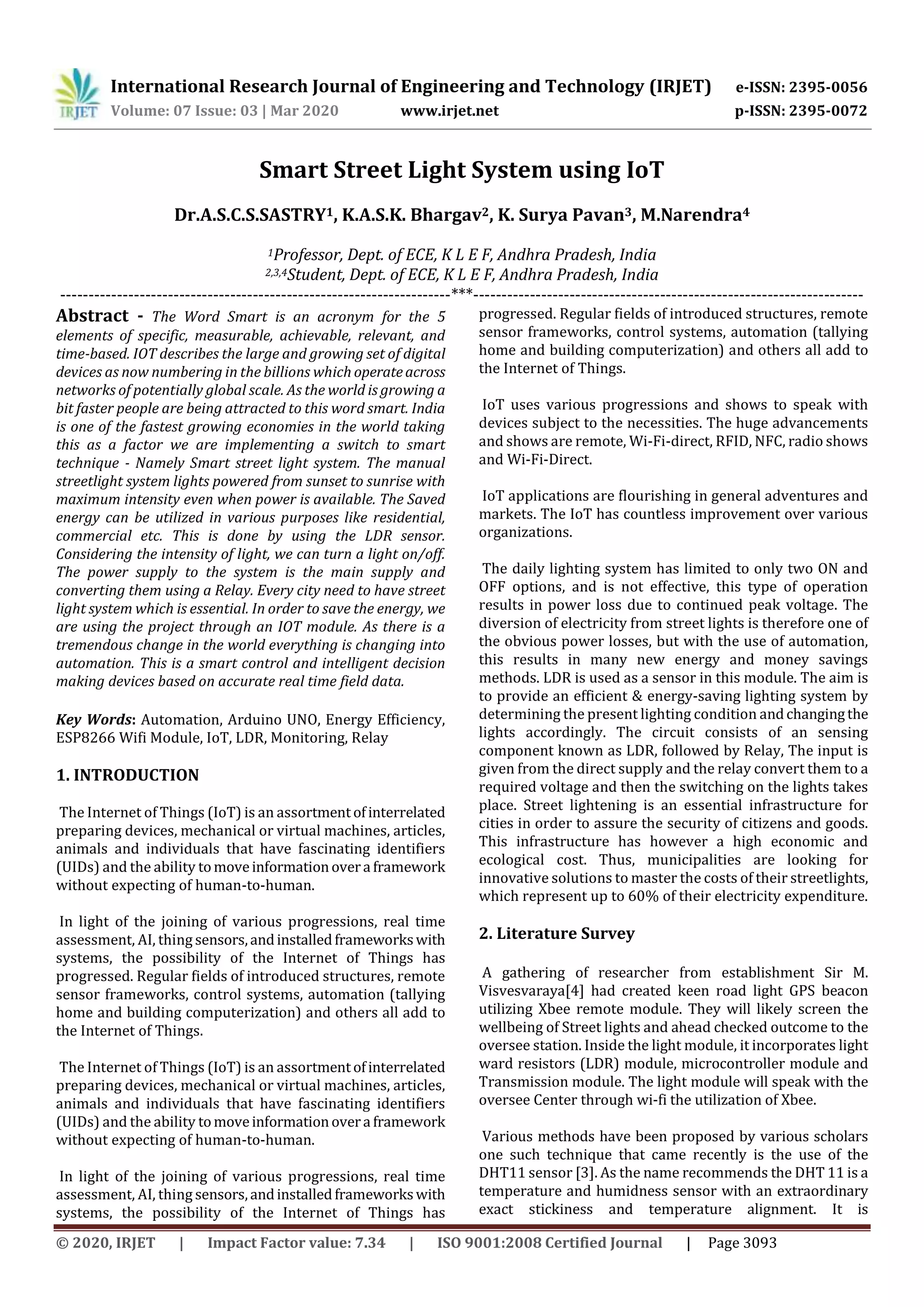 IRJET - Smart Street Light System using IoT | PDF