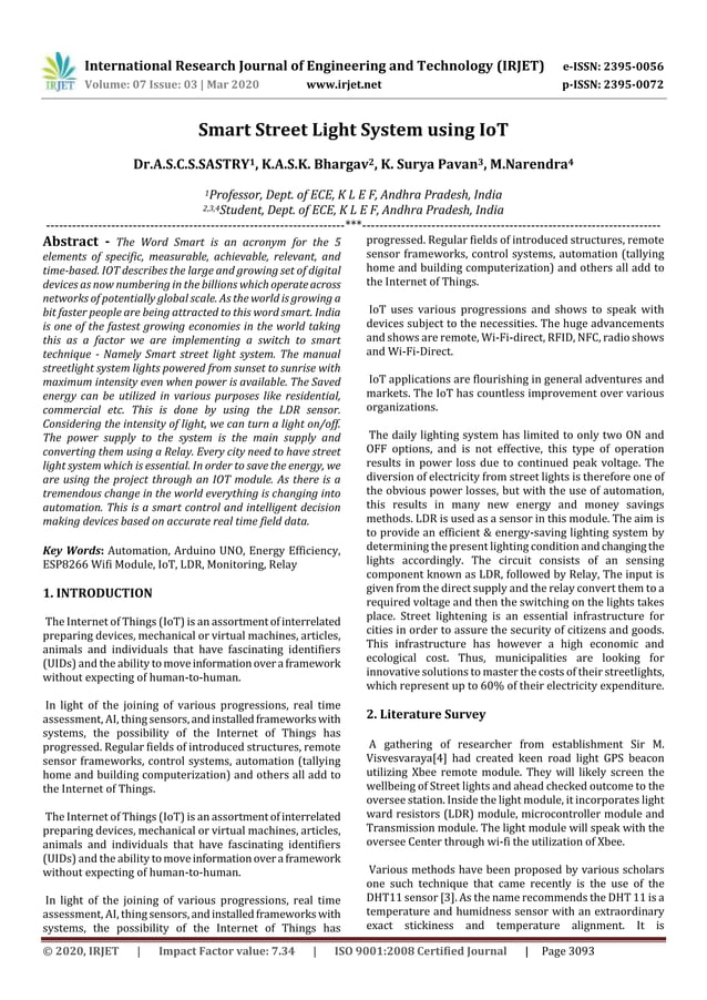IRJET - Smart Street Light System using IoT | PDF