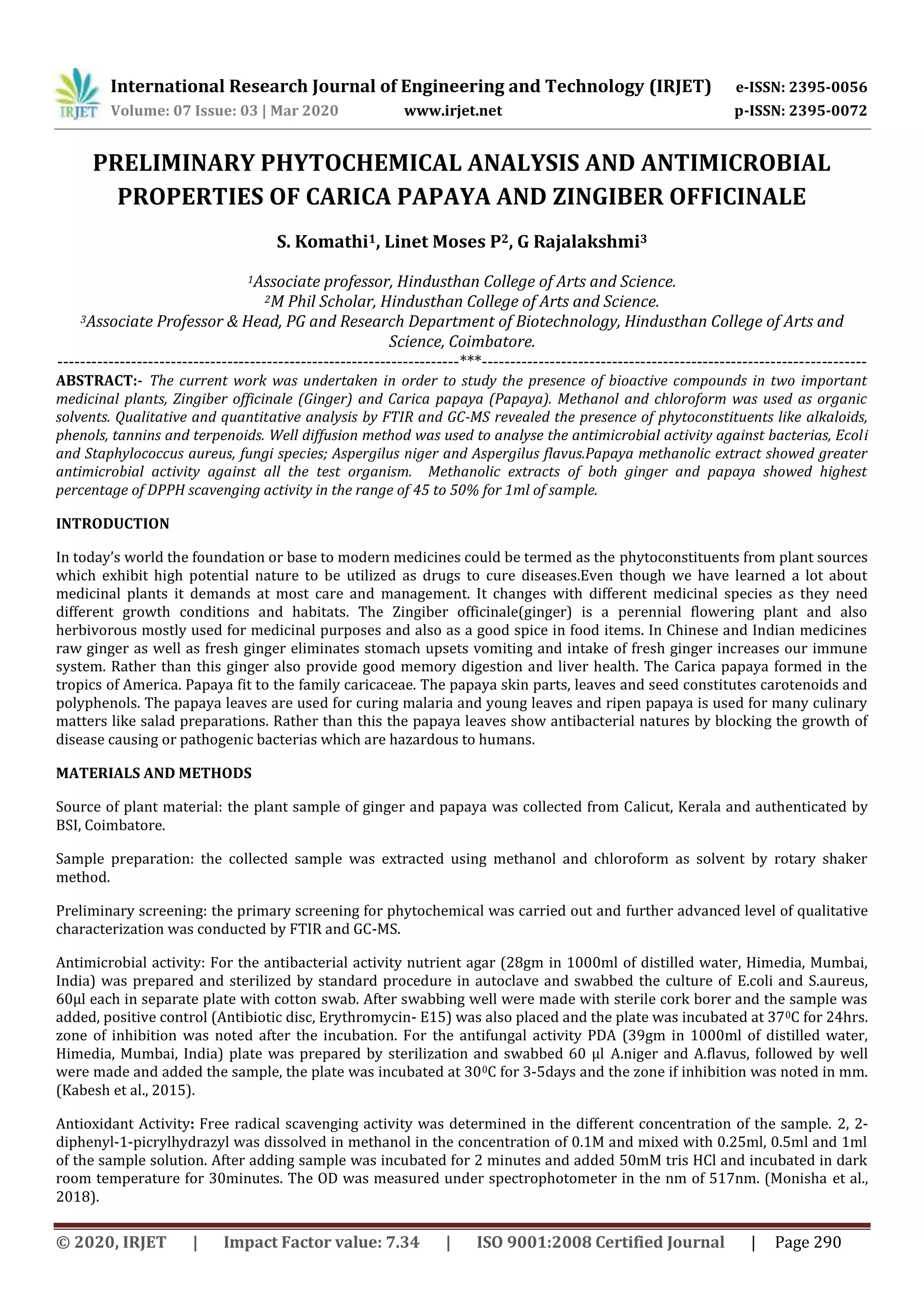 IRJET - Preliminary Phytochemical Analysis and Antimicrobial Properties of Carica Papaya and ...