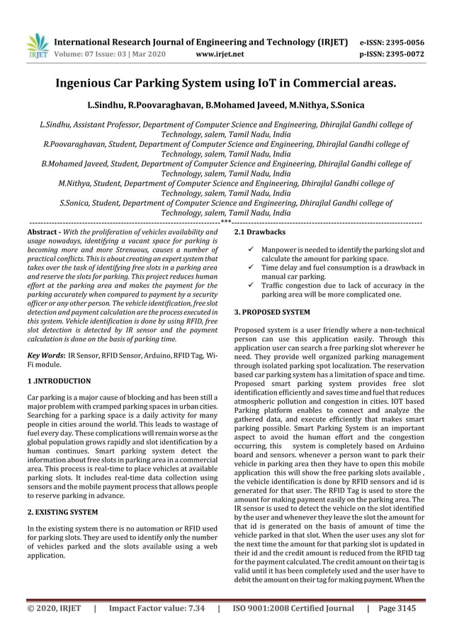 IRJET - Ingenious Car Parking System using IoT in Commercial Areas | PDF