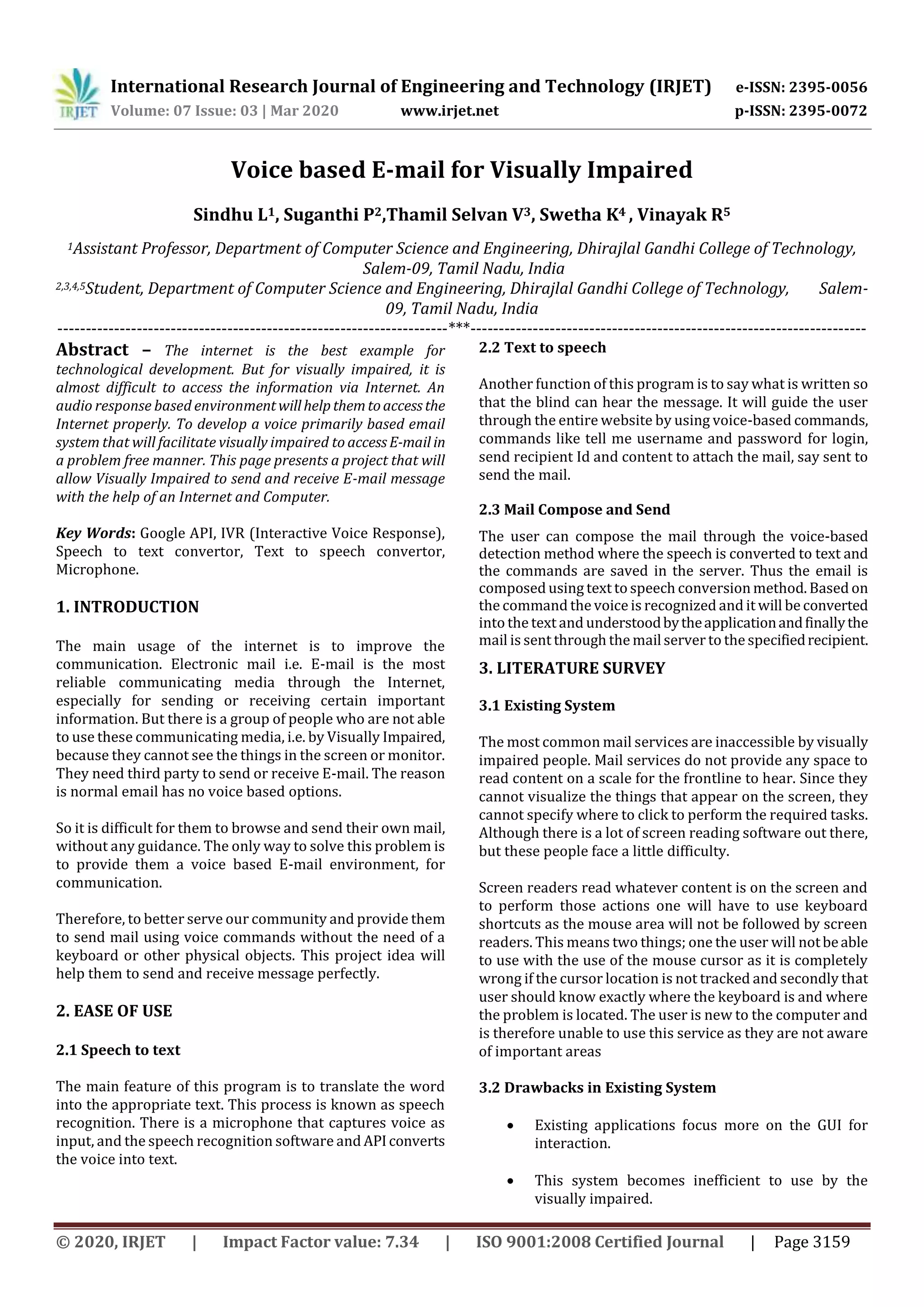 IRJET - Voice based E-Mail for Visually Impaired | PDF