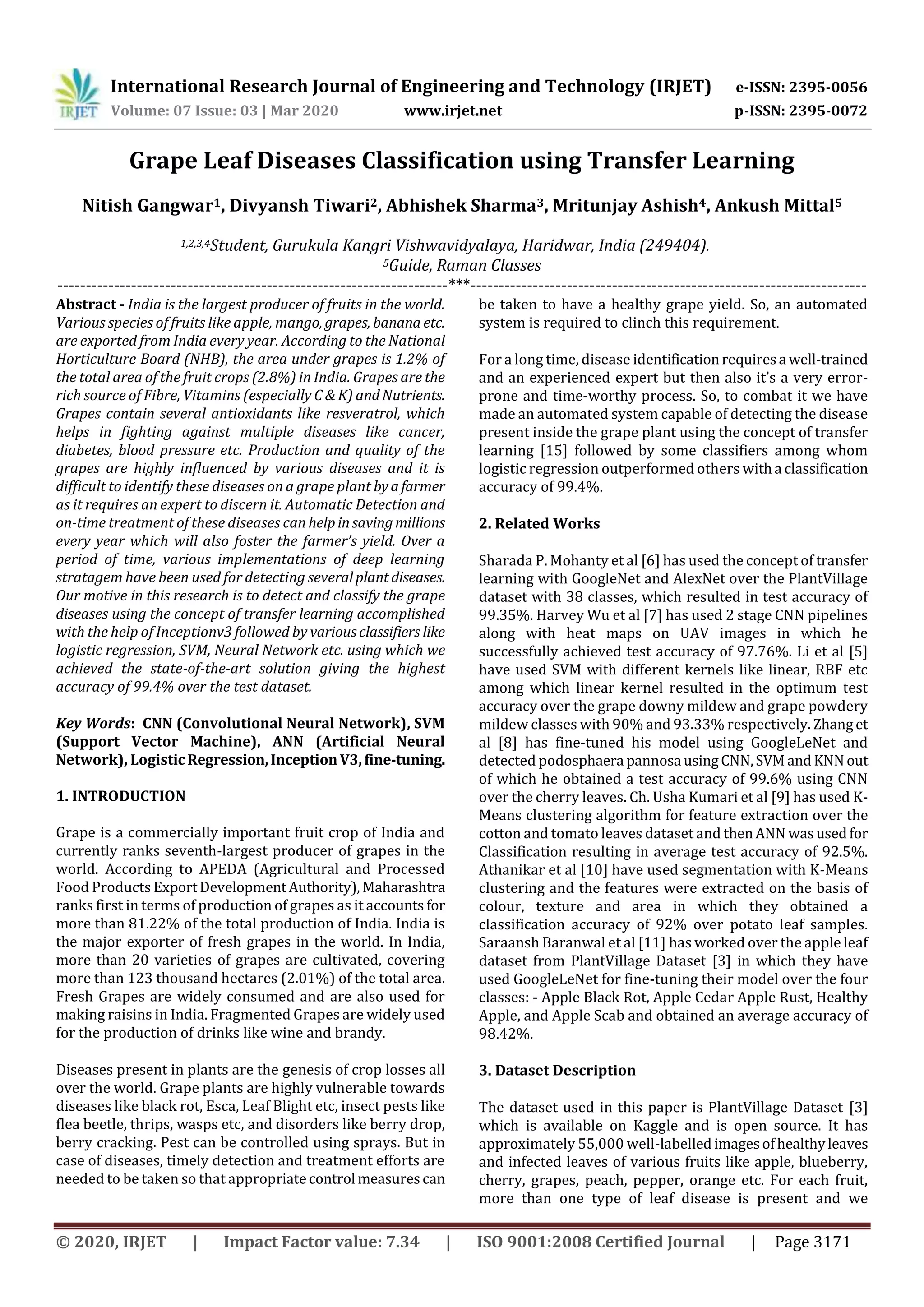 IRJET - Grape Leaf Diseases Classification using Transfer Learning | PDF