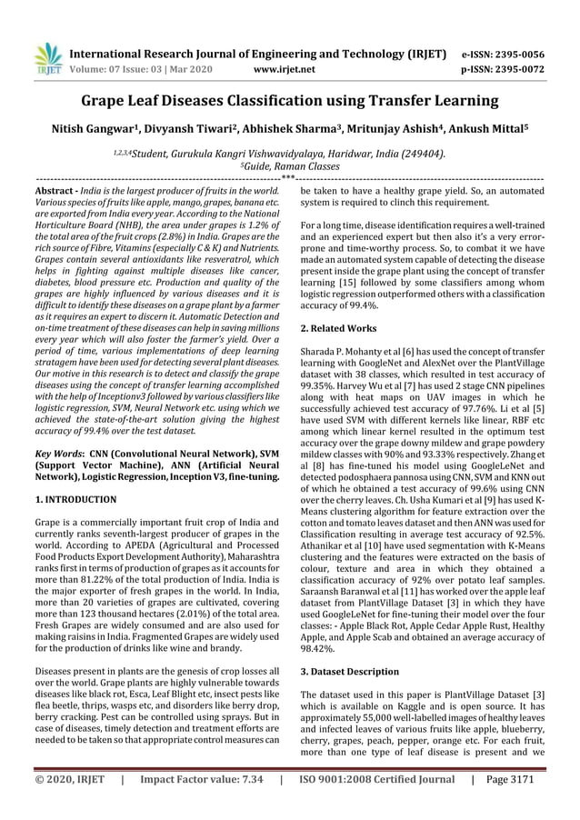 IRJET - Grape Leaf Diseases Classification using Transfer Learning | PDF | Agriculture | Industries