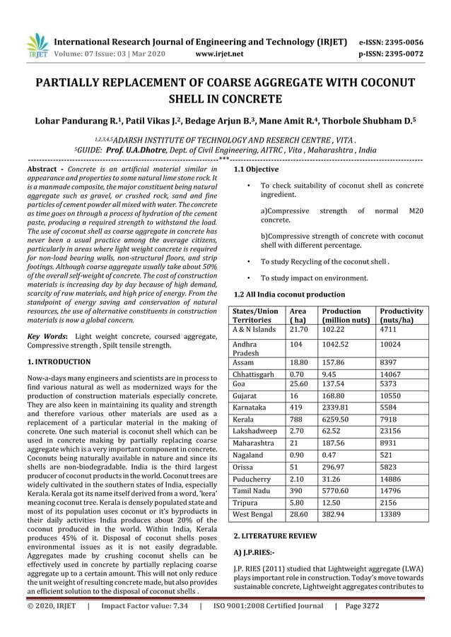 IRJET - Partially Replacement of Coarse Aggregate with Coconut Shell in ...