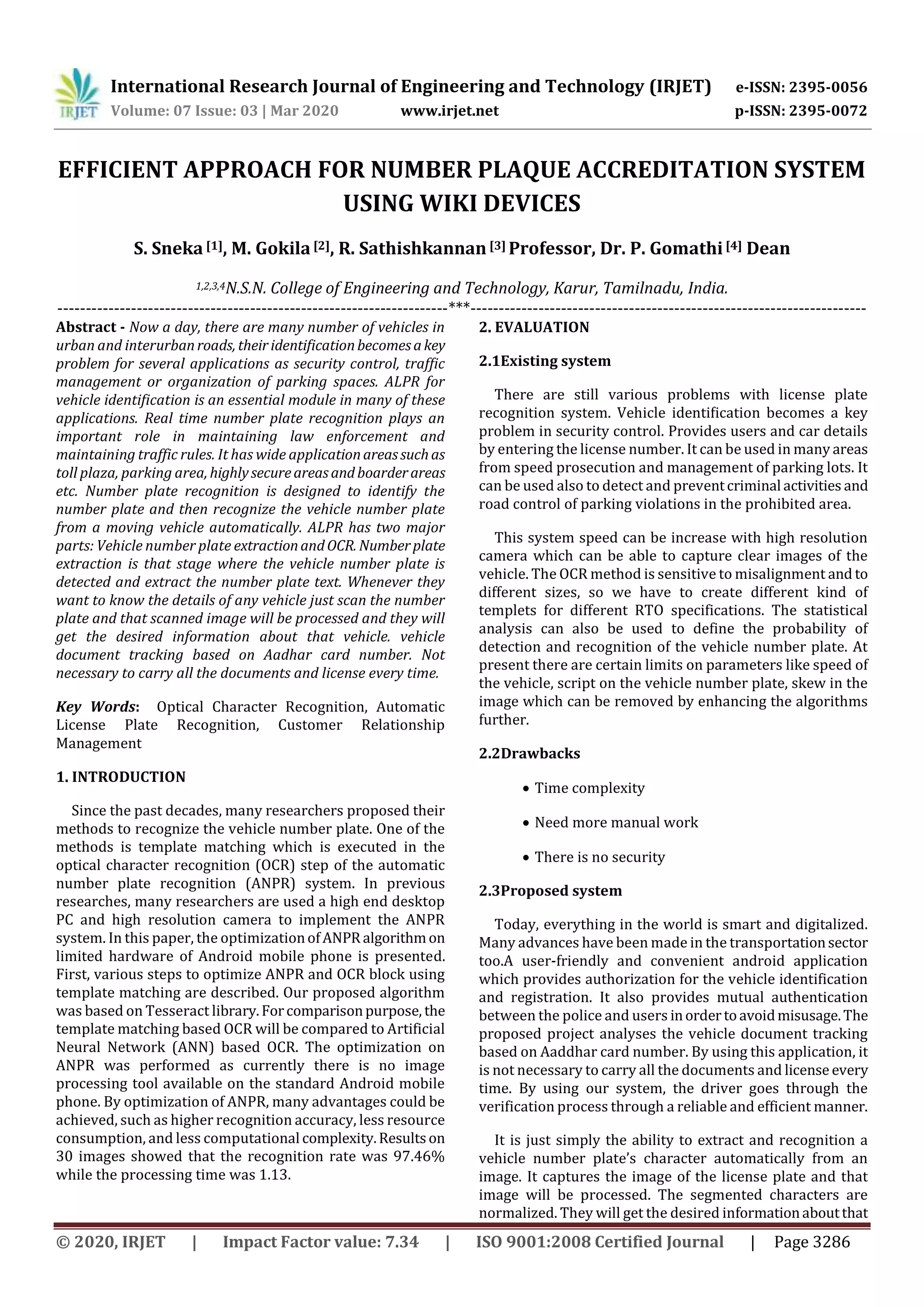 IRJET - Efficient Approach for Number Plaque Accreditation System using Wiki Devices | PDF