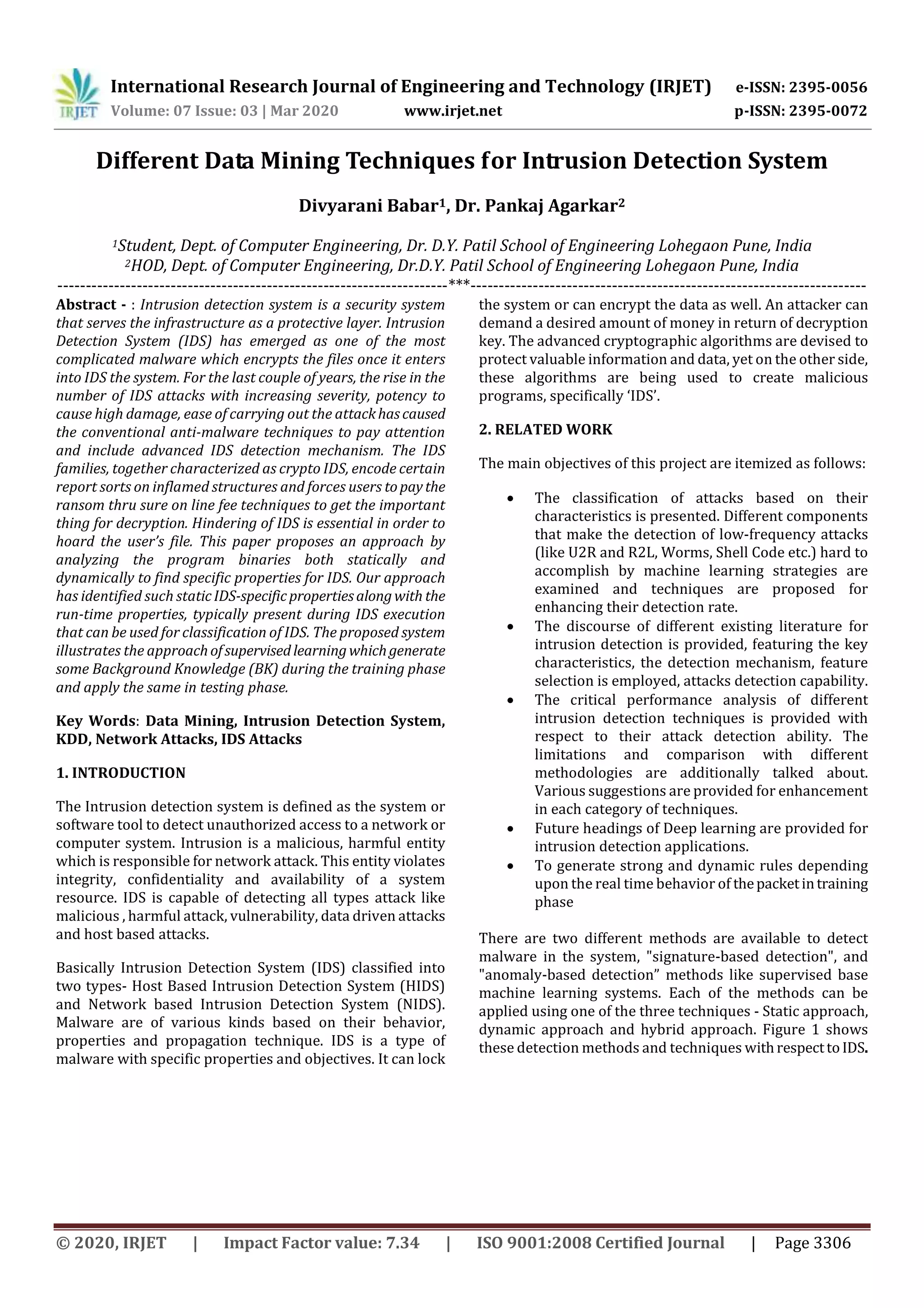 IRJET - Different Data Mining Techniques for Intrusion Detection System | PDF