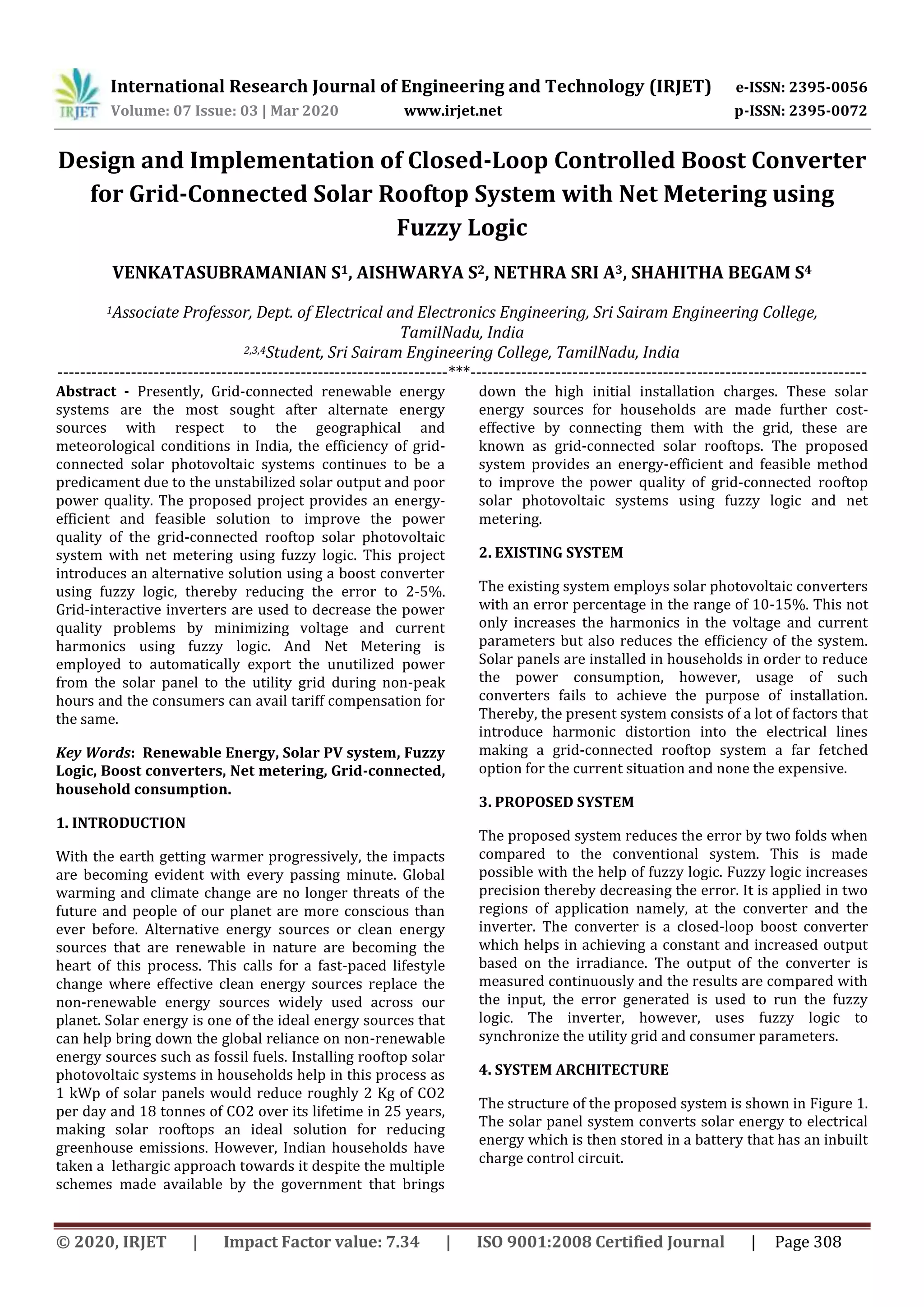 Irjet Design And Implementation Of Closed Loop Controlled Boost Converter For Grid Connected 9107