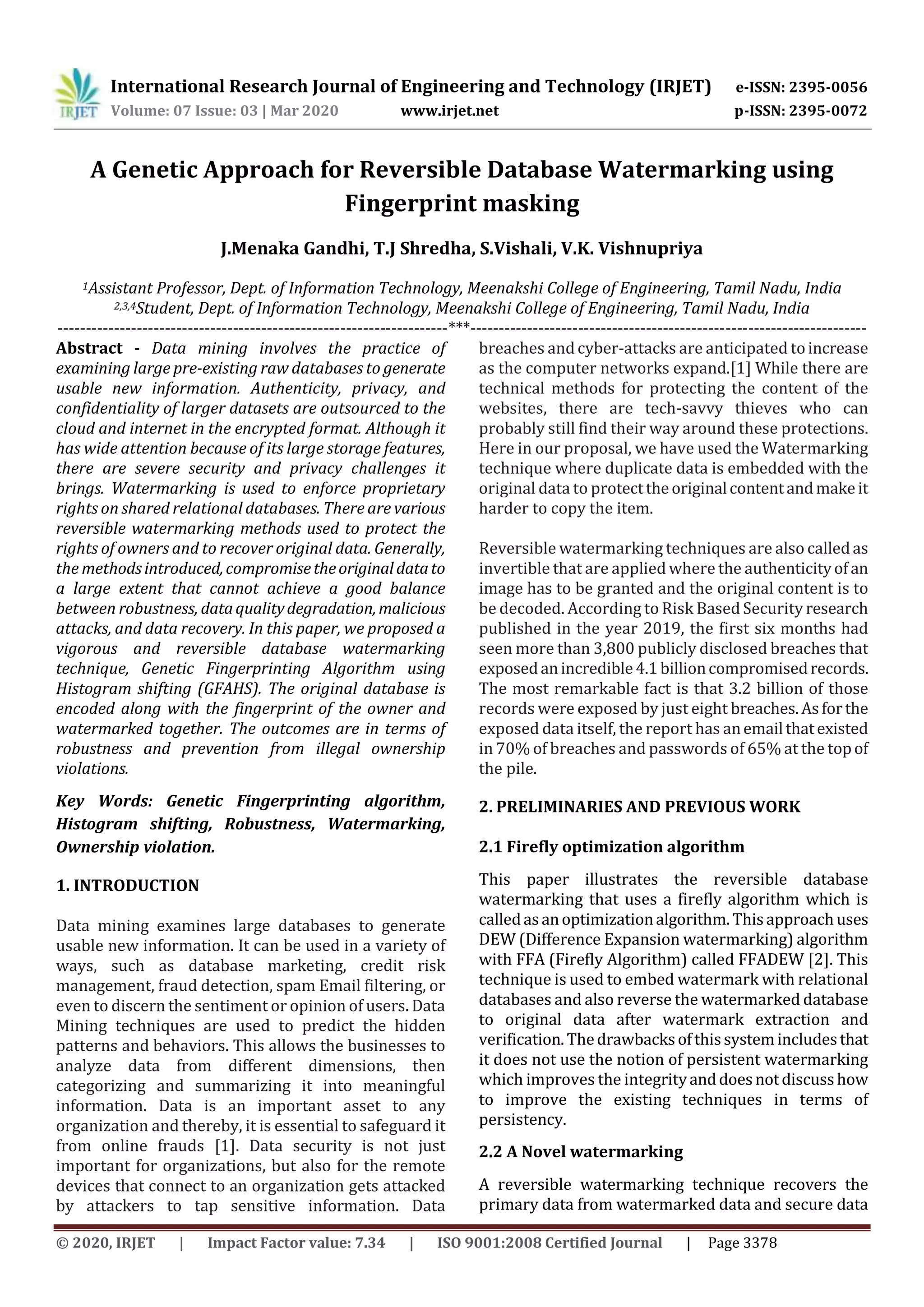 IRJET - A Genetic Approach for Reversible Database Watermarking using Fingerprint Masking | PDF