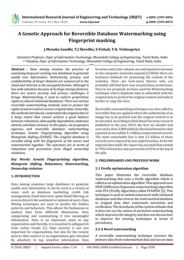 IRJET - A Genetic Approach for Reversible Database Watermarking using ...