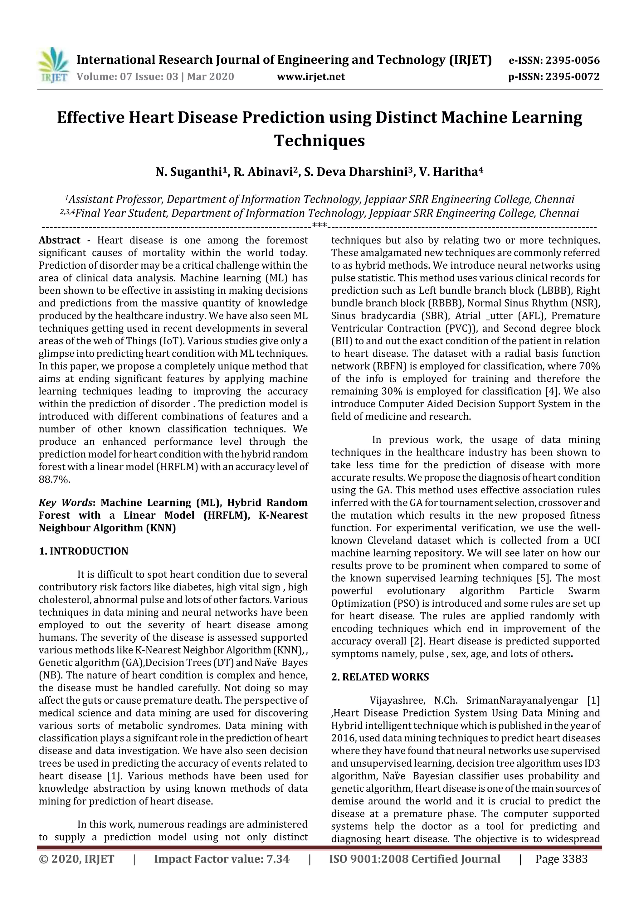 IRJET - Effective Heart Disease Prediction using Distinct Machine Learning Techniques | PDF ...