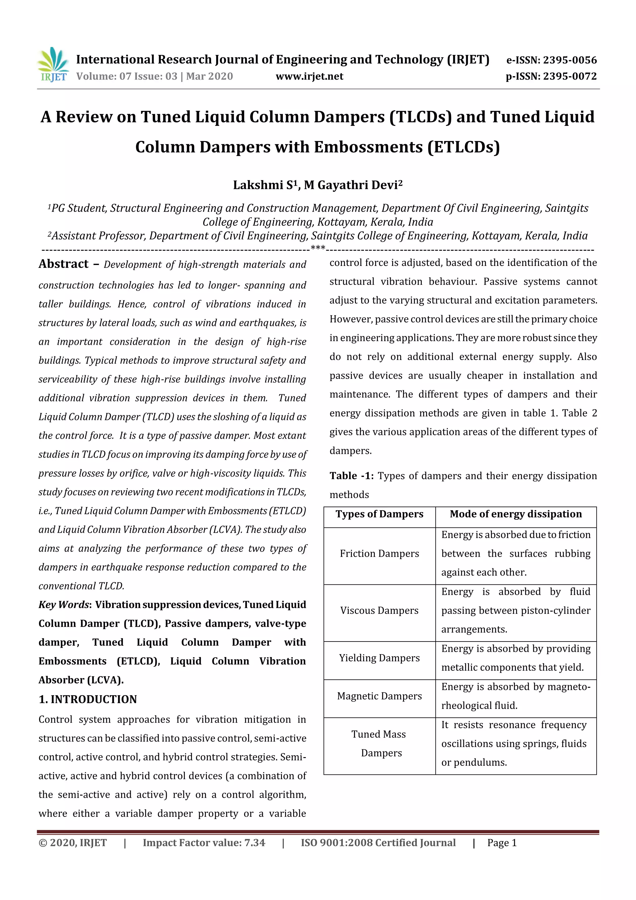 IRJET - A Review on Tuned Liquid Column Dampers (TLCDS) and Tuned ...