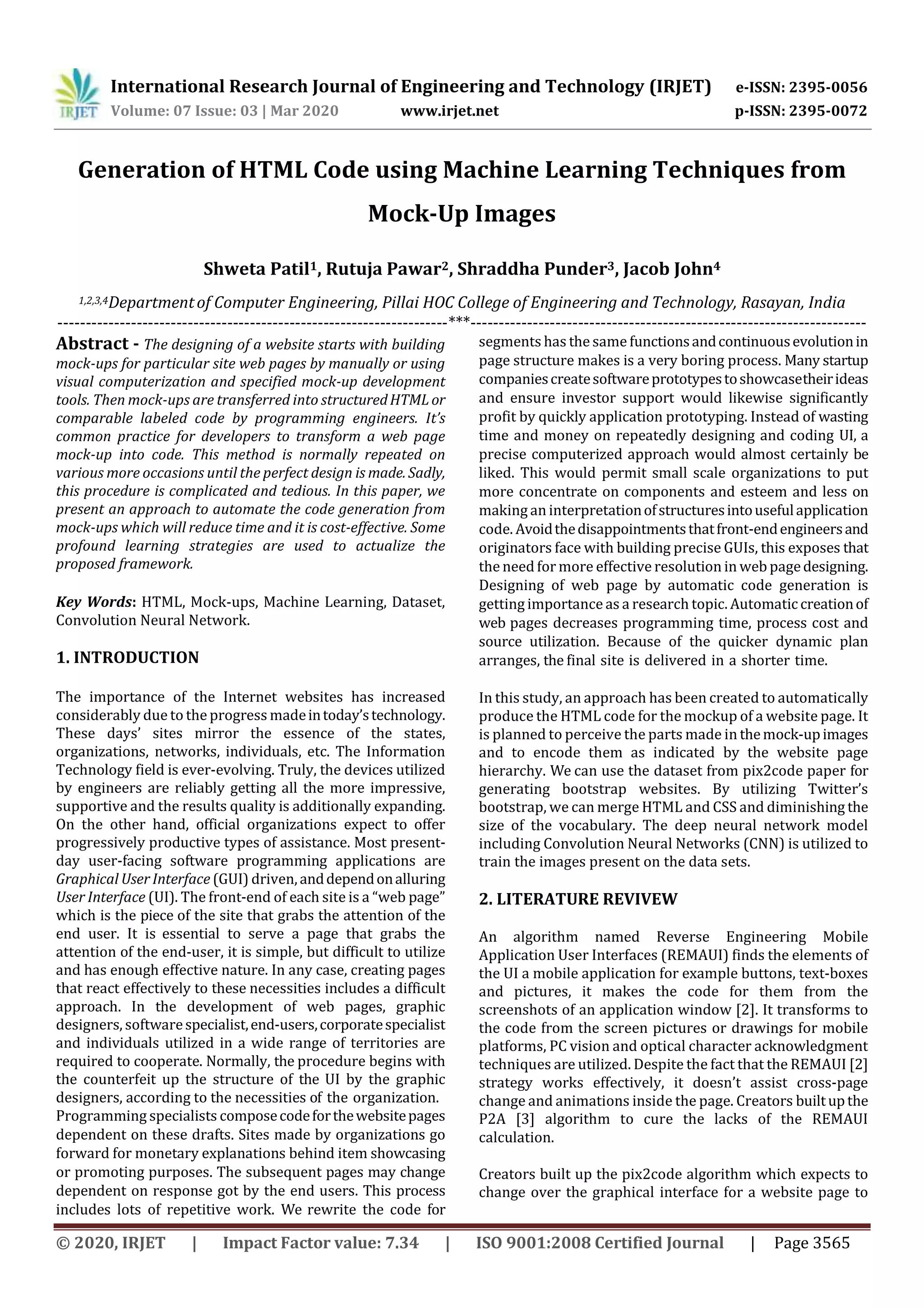 Irjet Generation Of Html Code Using Machine Learning Techniques From Mock Up Images Pdf Web