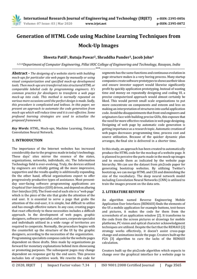 IRJET- Generation of HTML Code using Machine Learning Techniques from Mock-Up Images | PDF | Web ...