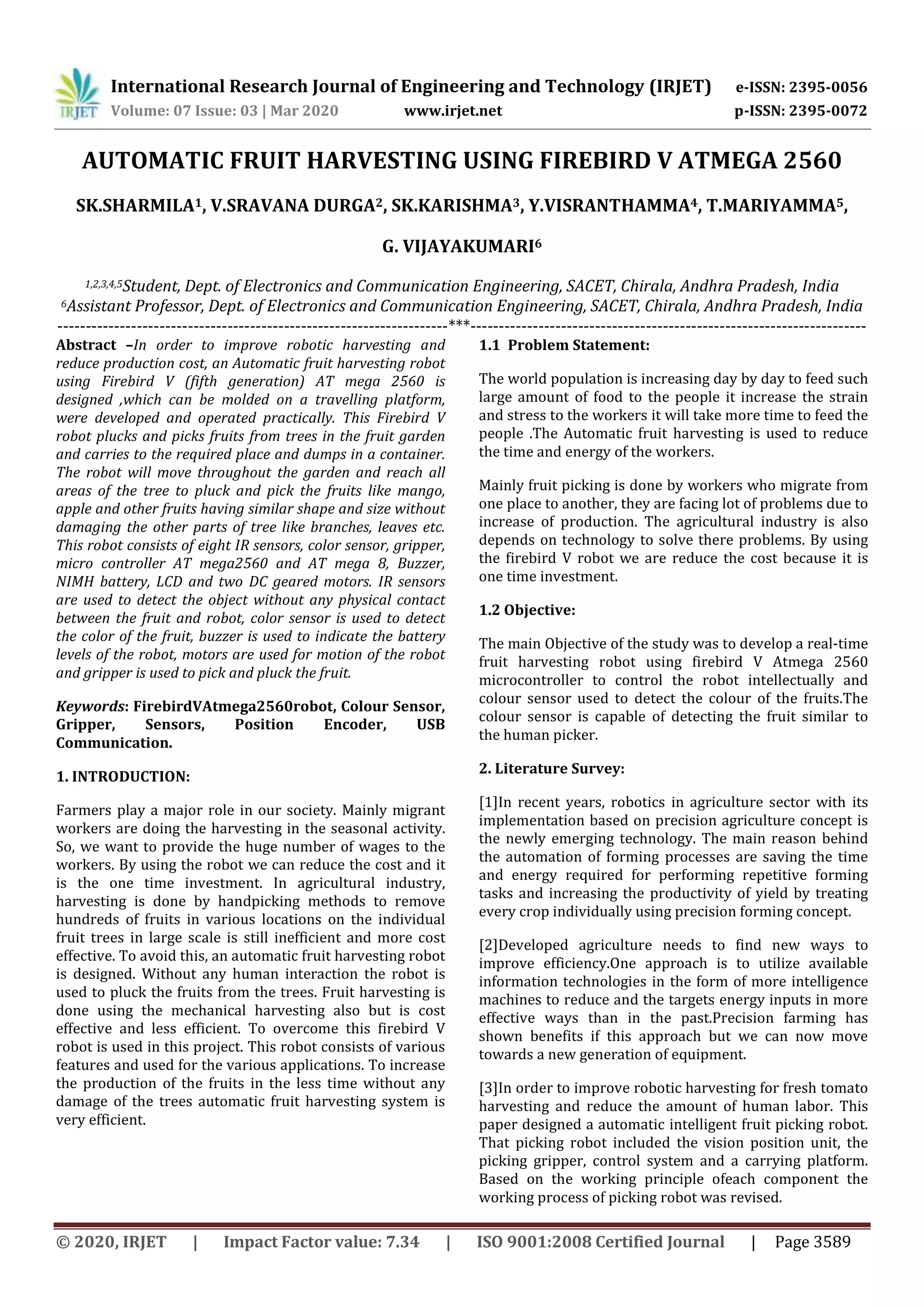 IRJET- Automatic Fruit Harvesting using Firebird V ATMEGA 2560 | PDF