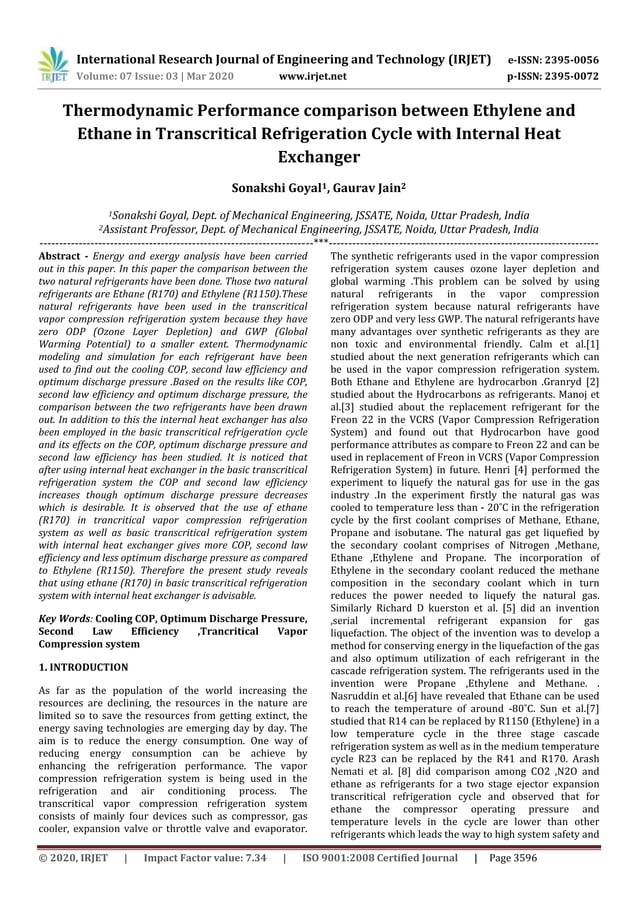IRJET- Thermodynamic Performance Comparison between Ethylene and Ethane in Transcritical ...