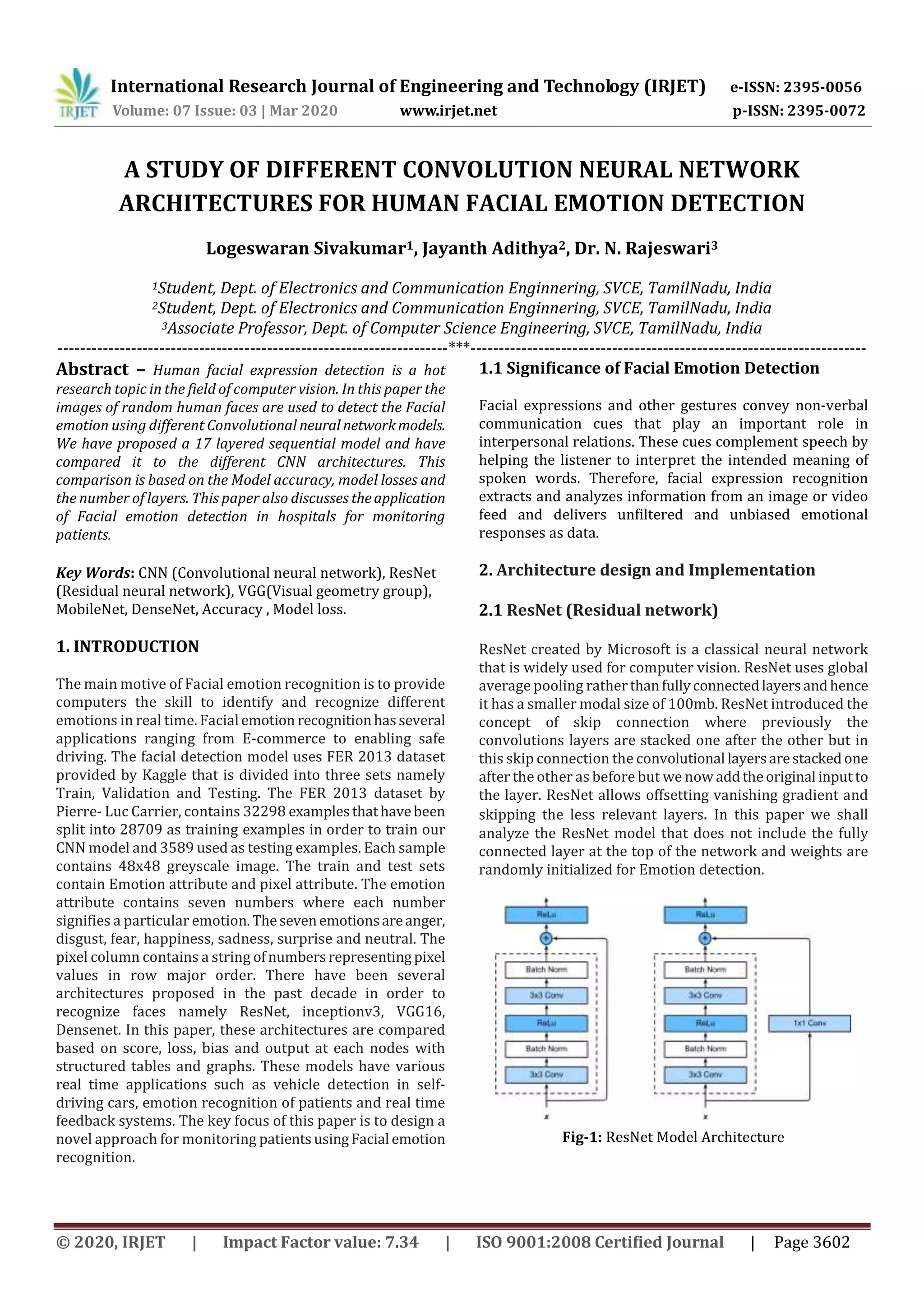 IRJET- A Study of Different Convolution Neural Network Architectures for Human Facial Emotion ...