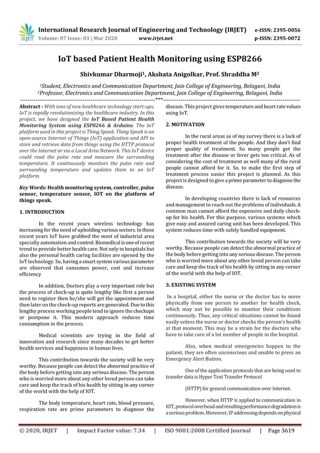 IRJET- IoT based Patient Health Monitoring using ESP8266 | PDF ...