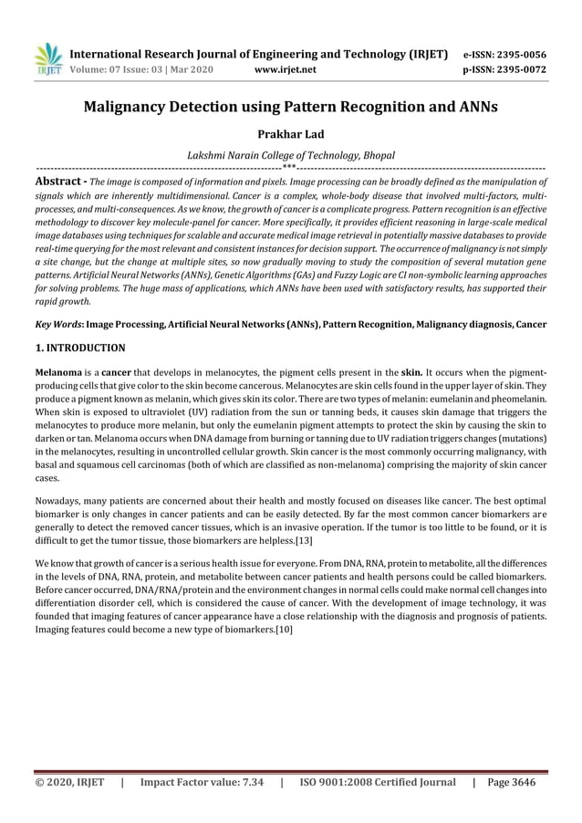IRJET -Malignancy Detection using Pattern Recognition and ANNS | PDF